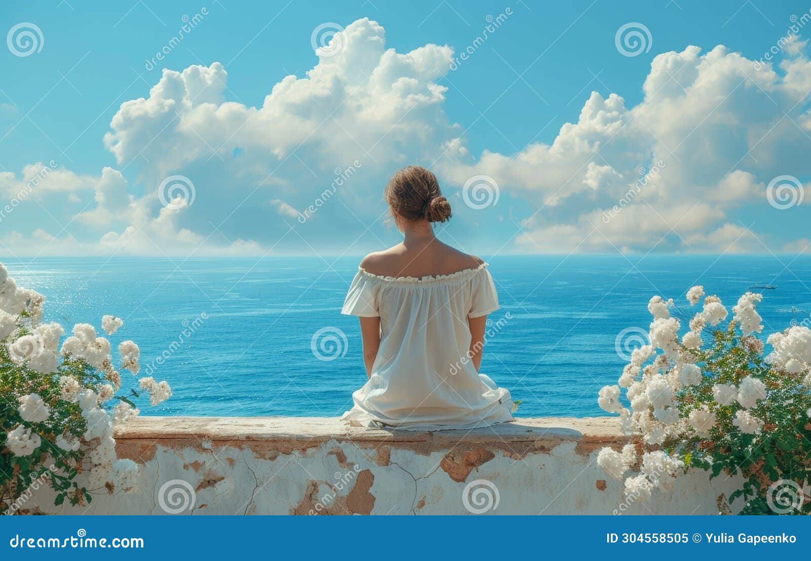 Woman Sitting on a Wall Overlooking Ocean Stock Image - Image of ...