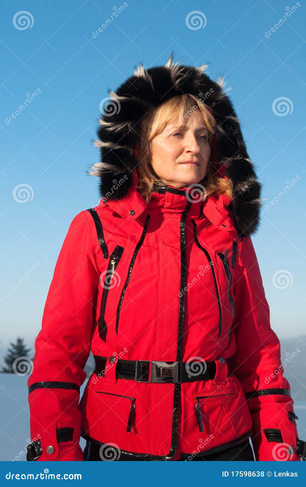 Woman Skier in the Mountains in Red Winter Jacket Stock Photo - Image ...