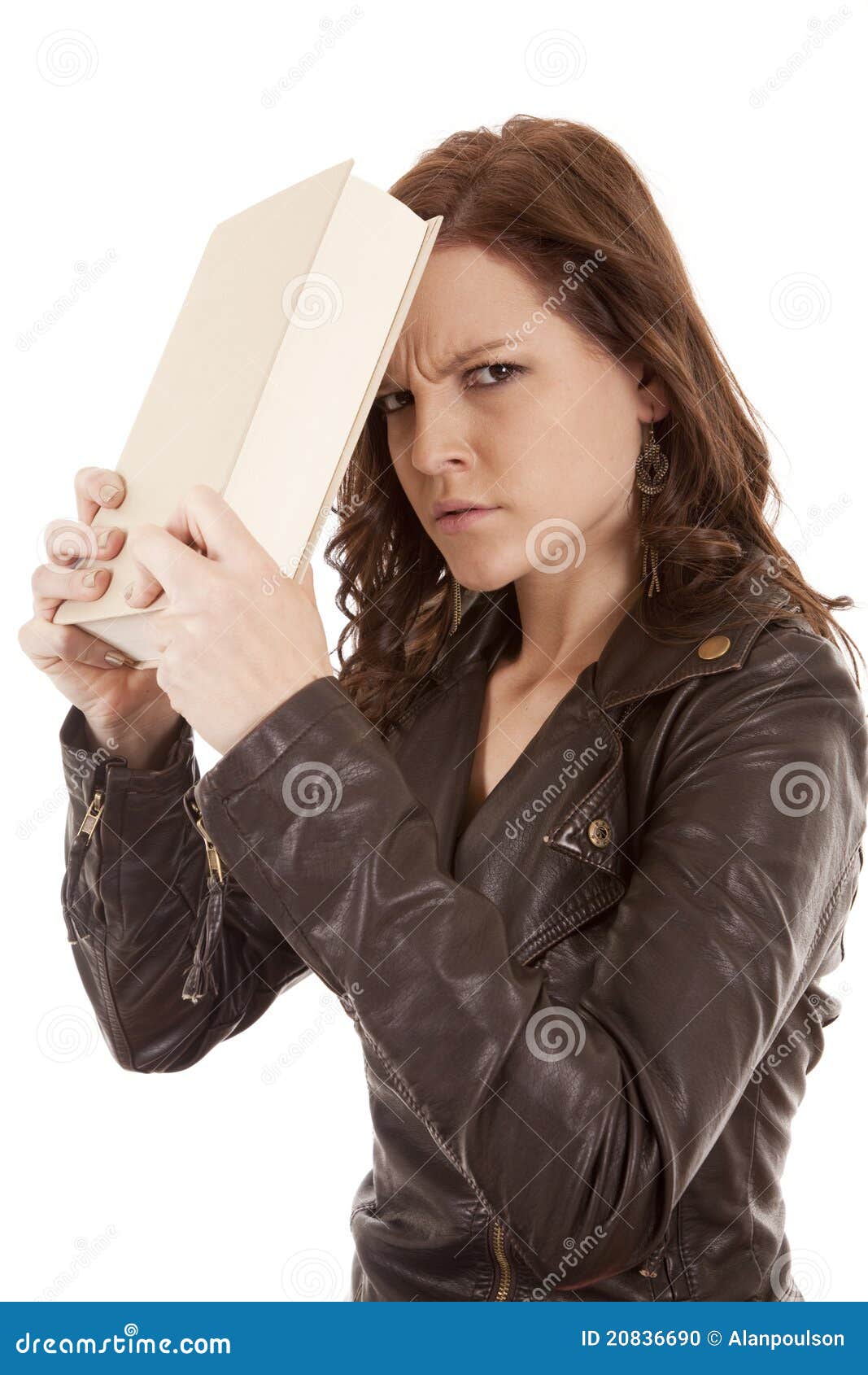 Woman Slamming Book Against Head Looking Stock Photo - Image of college ...