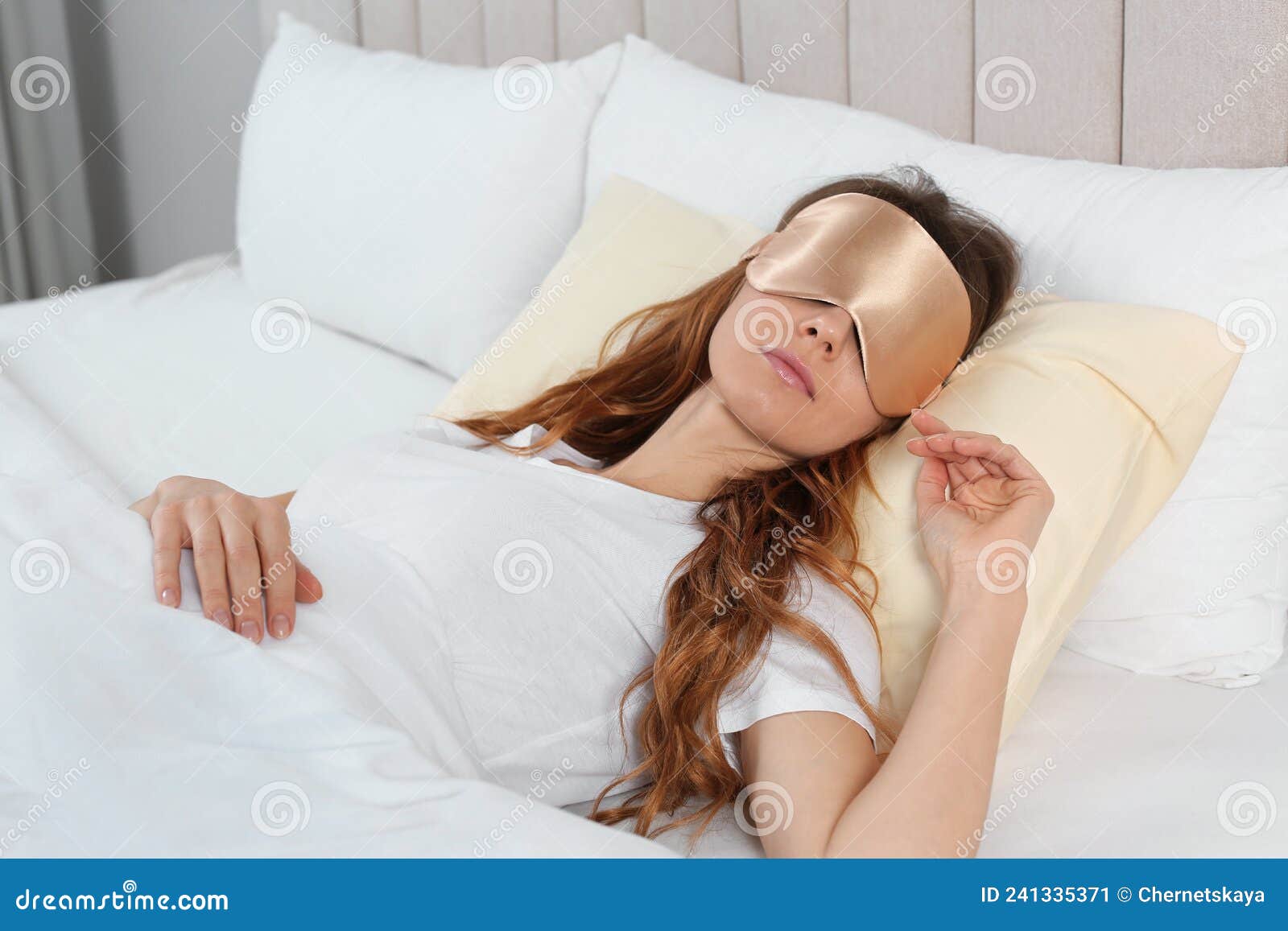 Woman with Sleep Mask in Bed at Home Stock Image - Image of asleep ...