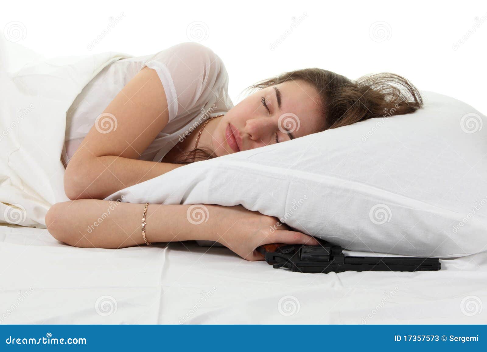 Woman Sleep with a Revolver Stock Image - Image of morning, home: 17357573