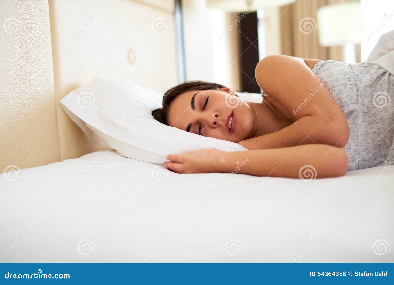 Woman Sleeping in Bed on Her Side. Stock Photo - Image of white ...