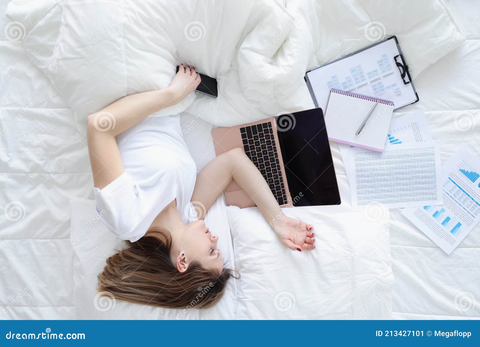 Woman Sleeping in Bed with Laptop and Documents Top View Stock Image ...