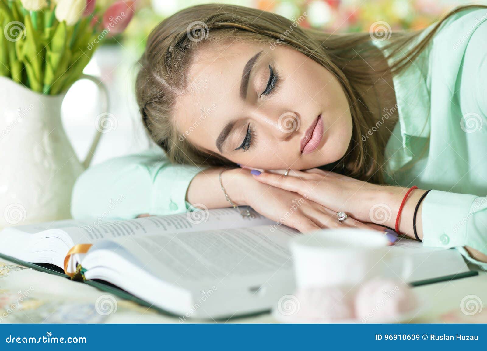 Woman sleeping on book stock image. Image of lifestyle - 96910609