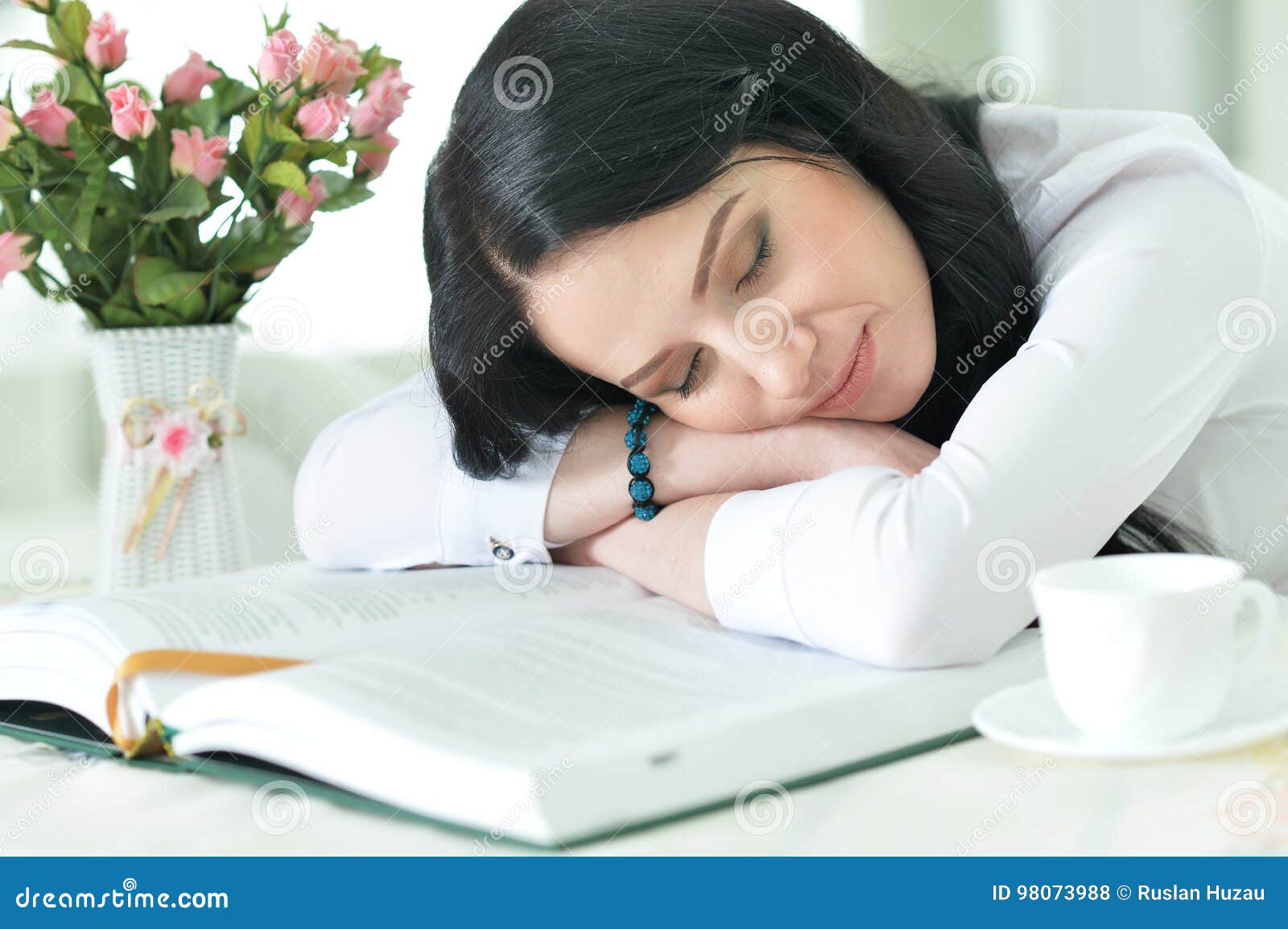 Woman sleeping on book stock photo. Image of female, lecture - 98073988