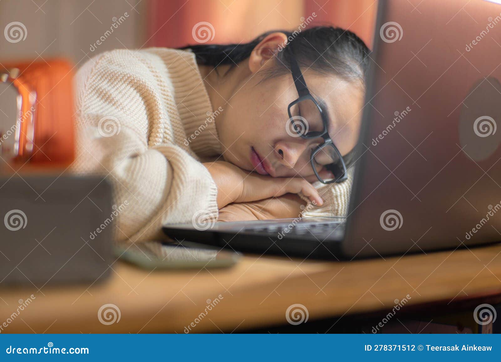 Woman Sleeping with Laptop in Home Office after Long Hours of Work ...