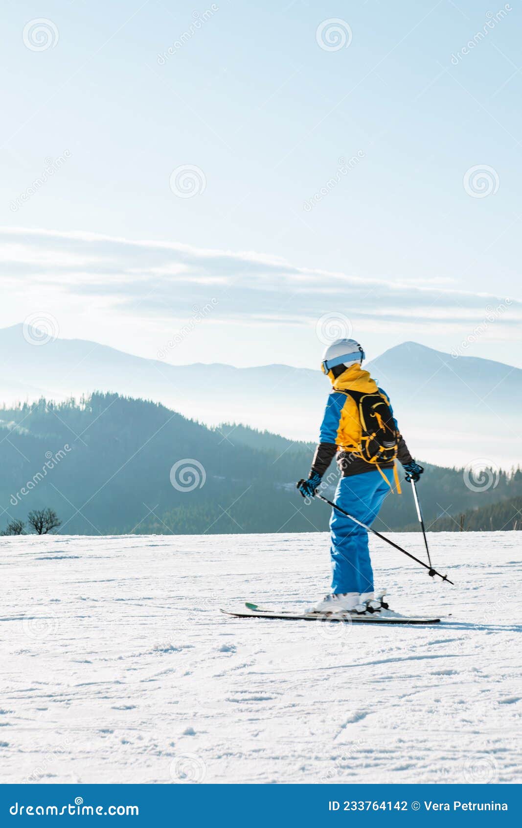 Woman Sliding Down by Slope on Skies Stock Photo - Image of activities ...