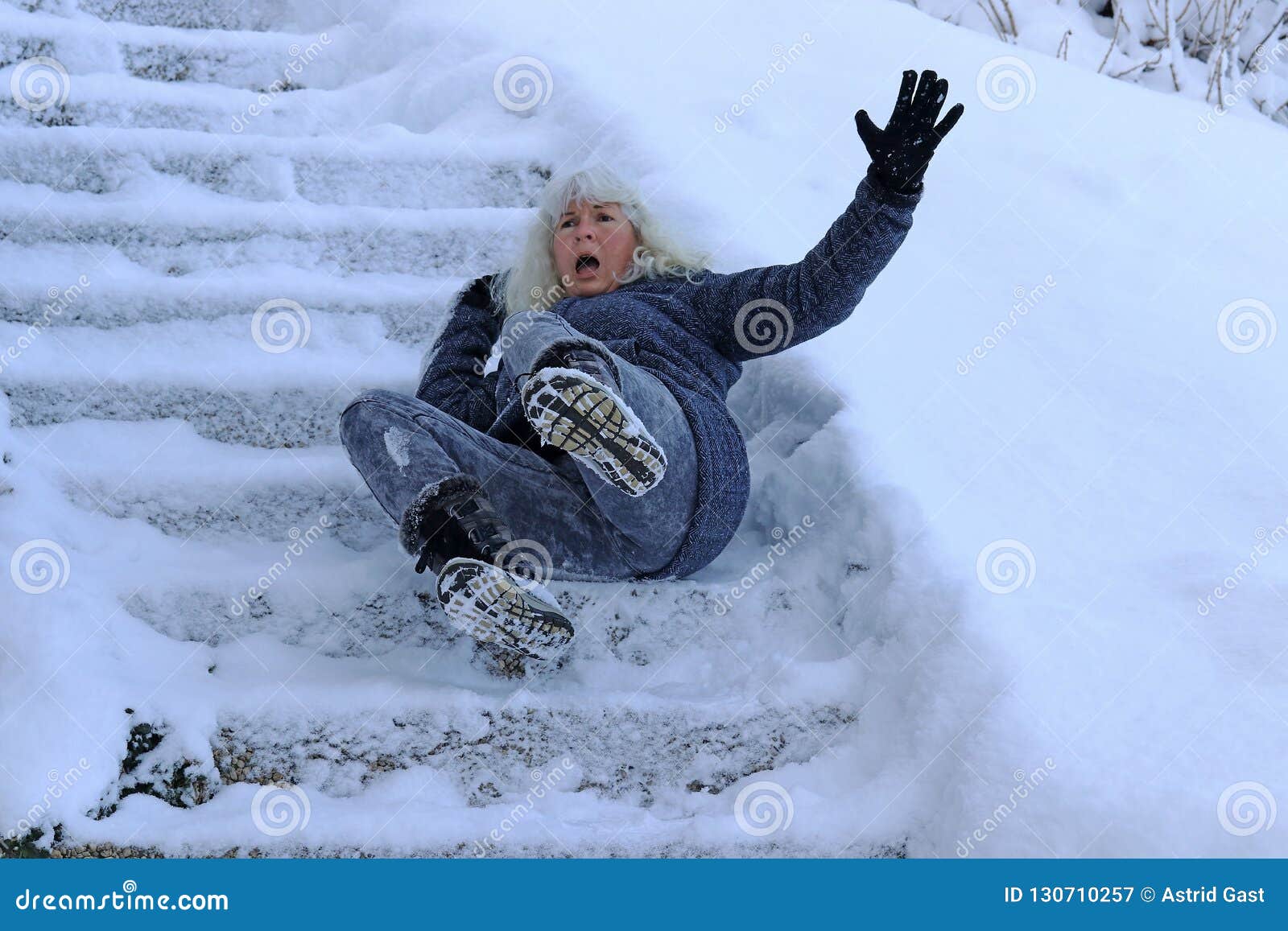 A Woman Slipped and Fell on a Wintry Staircase Stock Image - Image of ...
