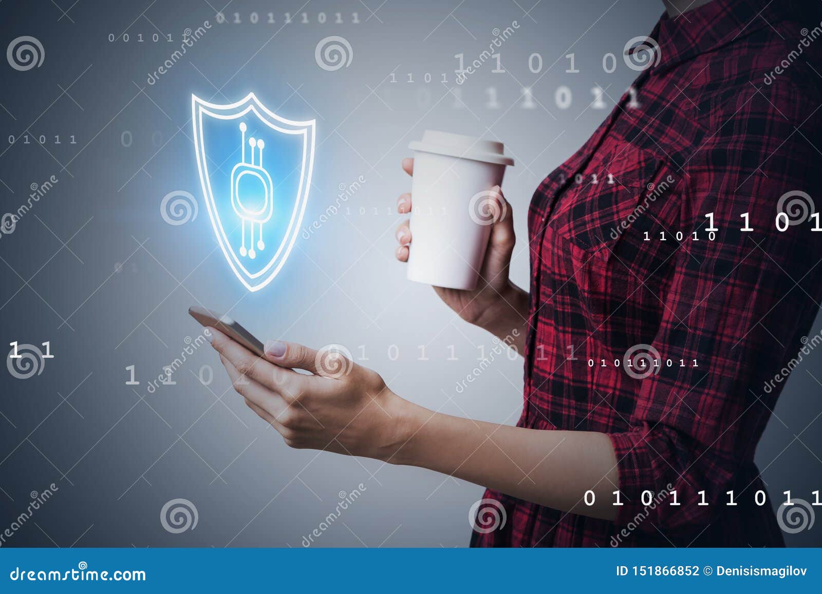 Woman with Smartphone, Cyber Security Interface Stock Photo - Image of ...