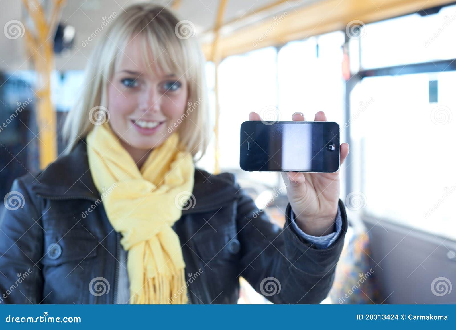Woman with a Smartphone Inside a Bus Stock Photo - Image of driving ...