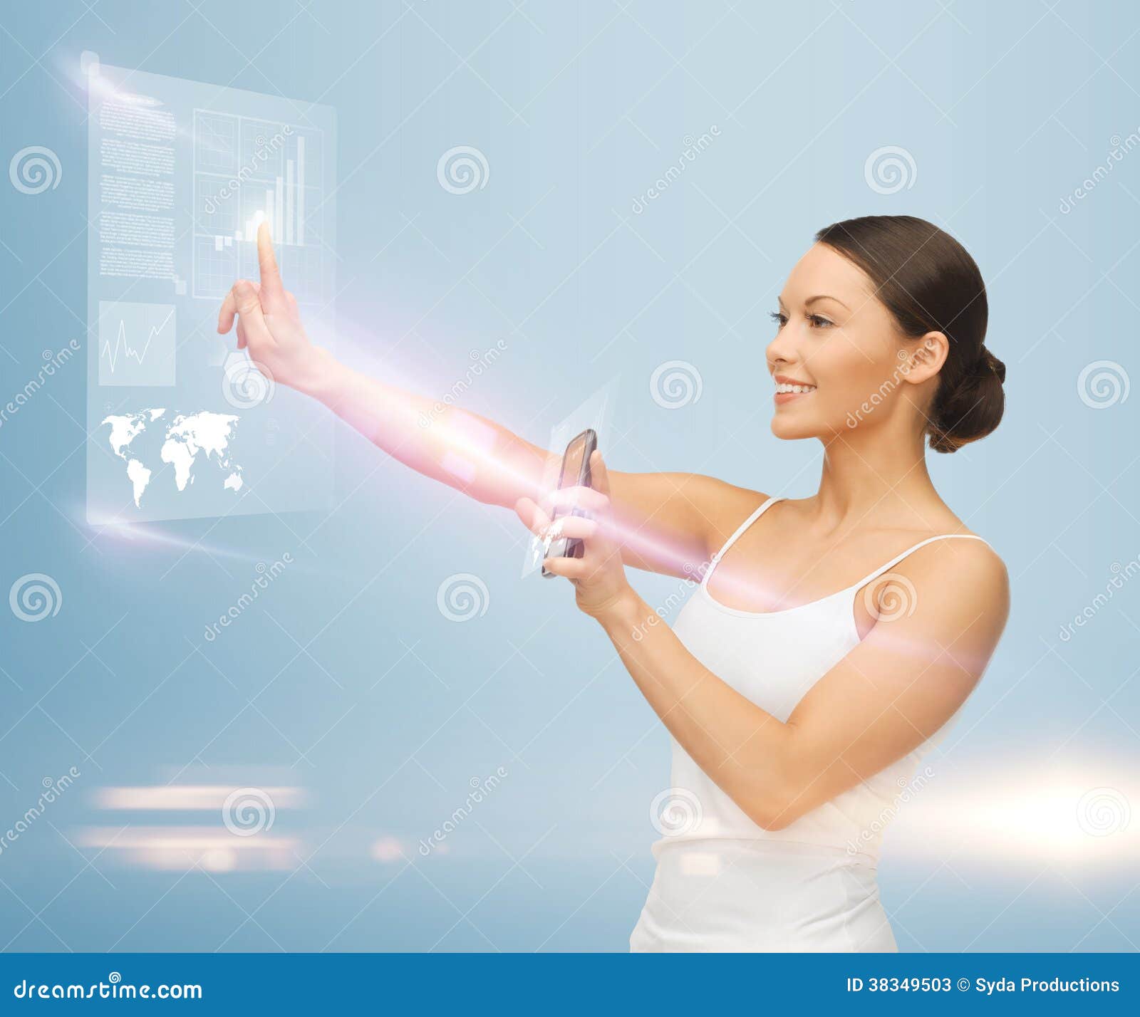 Woman with Smartphone and Virtual Screen Stock Image - Image of ...