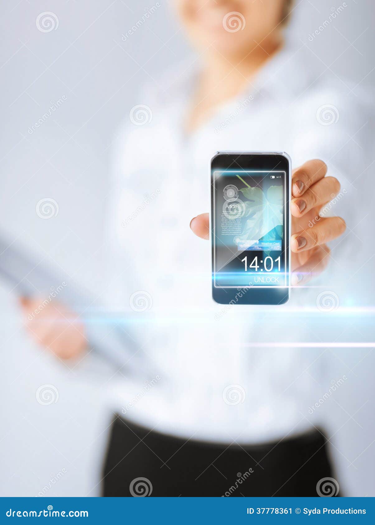 Woman with Smartphone and Virtual Screens Stock Image - Image of ...