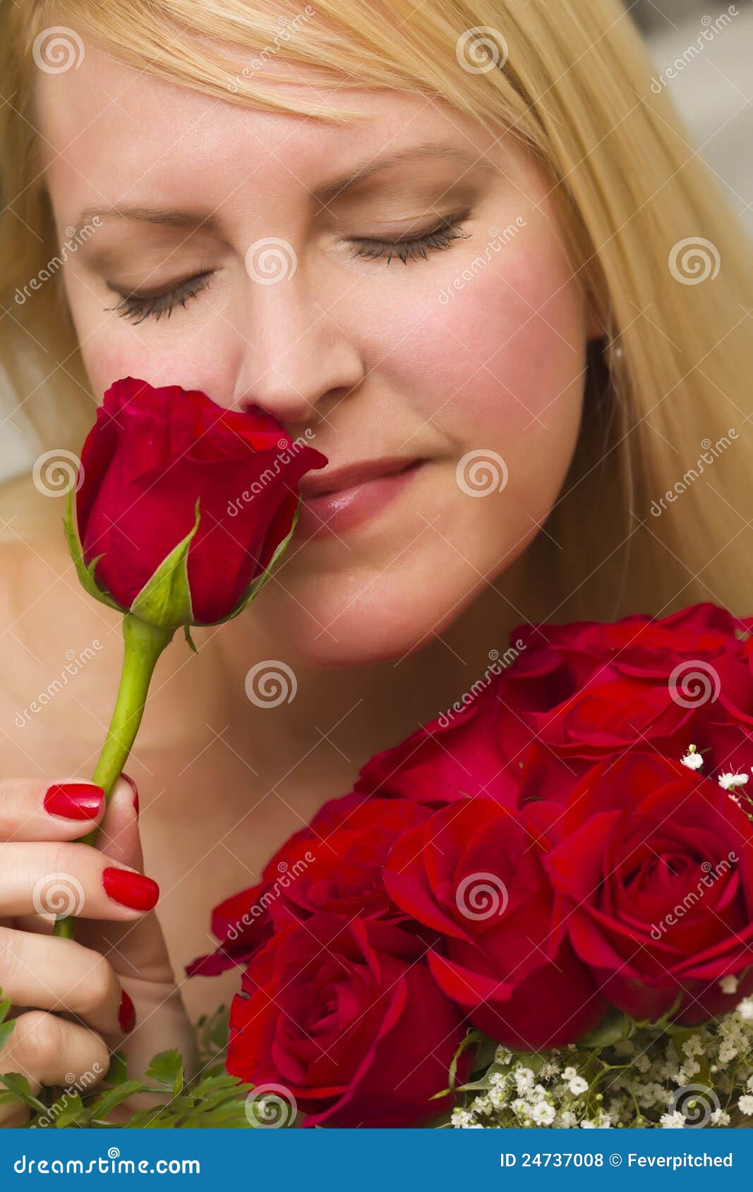 Woman Smelling a Bunch of Red Roses Stock Photo - Image of feelings ...