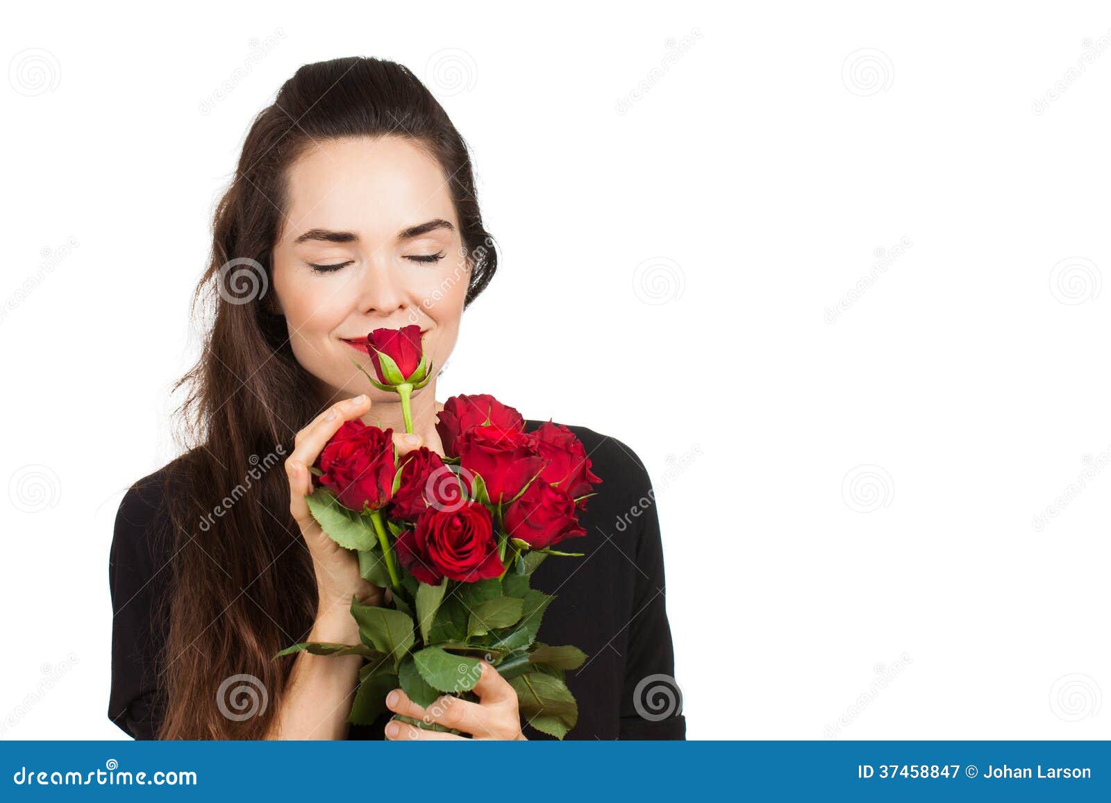Woman Smelling Bunch of Roses Stock Image - Image of fresh, happiness ...