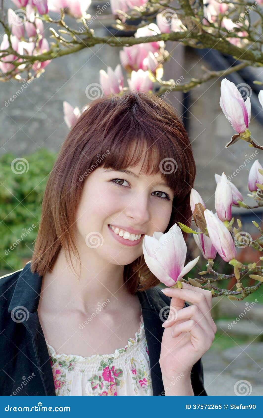 Woman Smelling Flower in the Garden Stock Image - Image of beauty, long ...