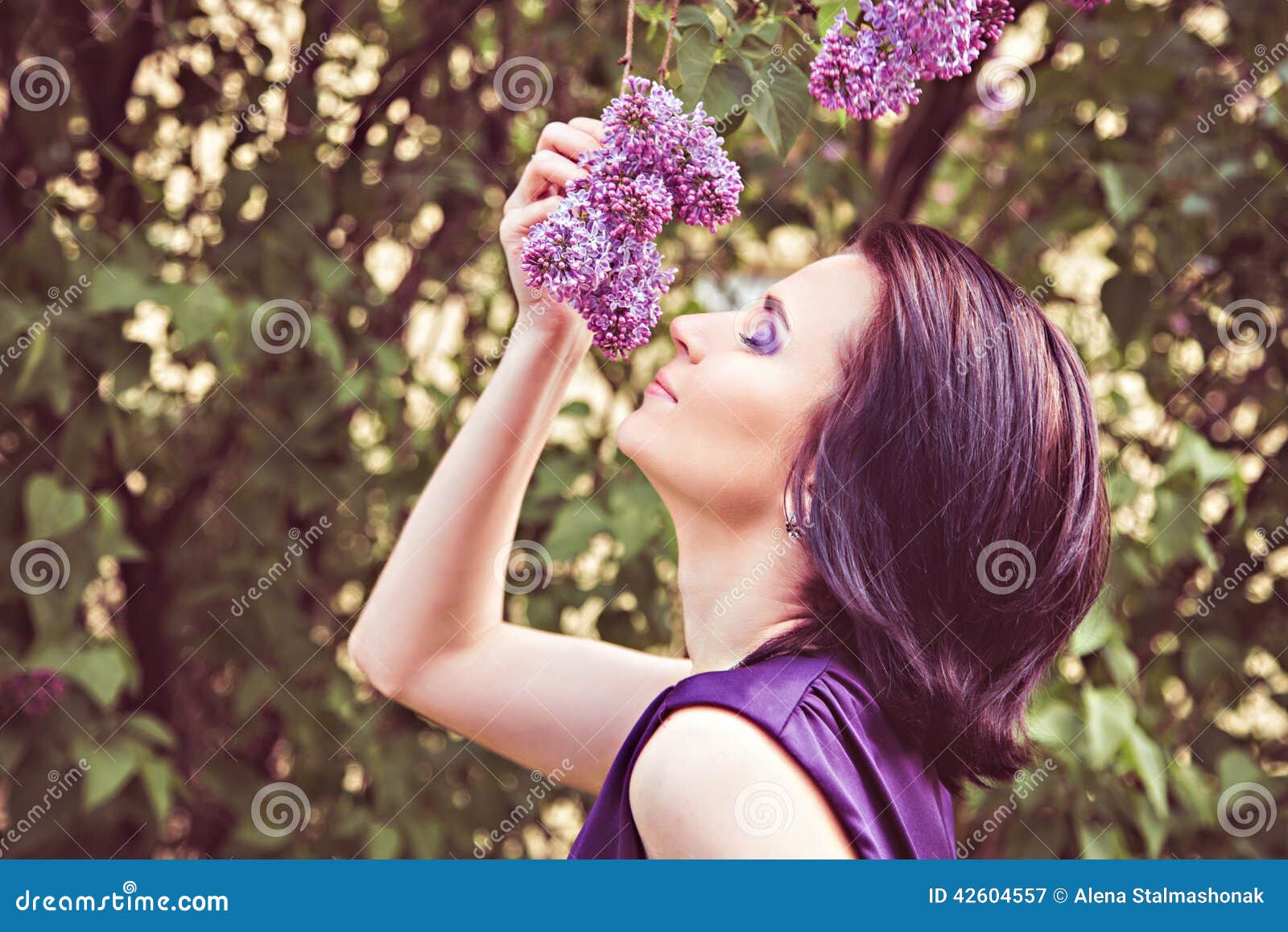 Woman Smelling Flower on Tree Branch Stock Image - Image of freshness ...