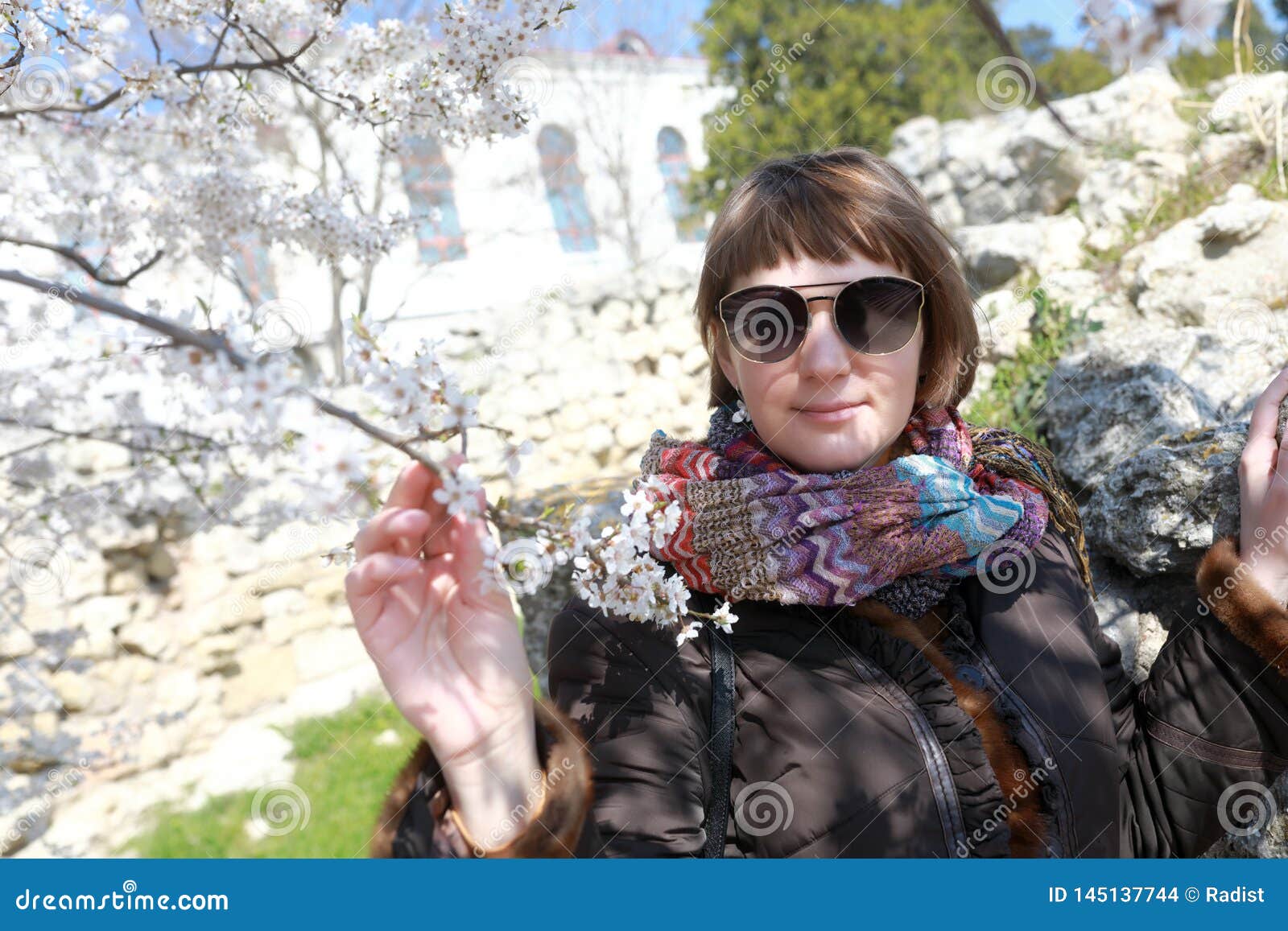 Woman Smelling Flowers of Apple Tree Stock Photo - Image of fragrance ...