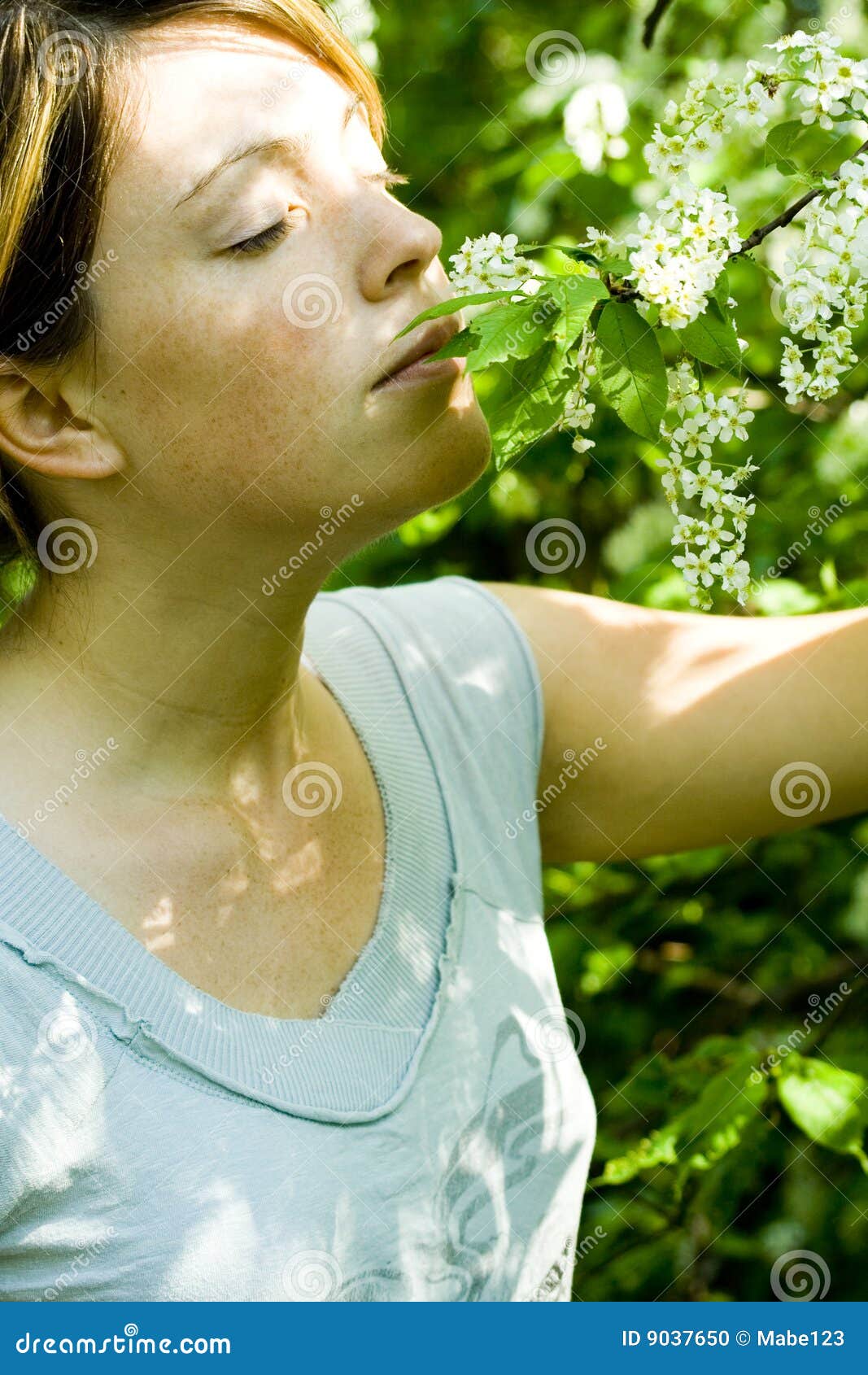 Woman Smells Flowering Tree Stock Photo - Image of foliage, beautiful ...