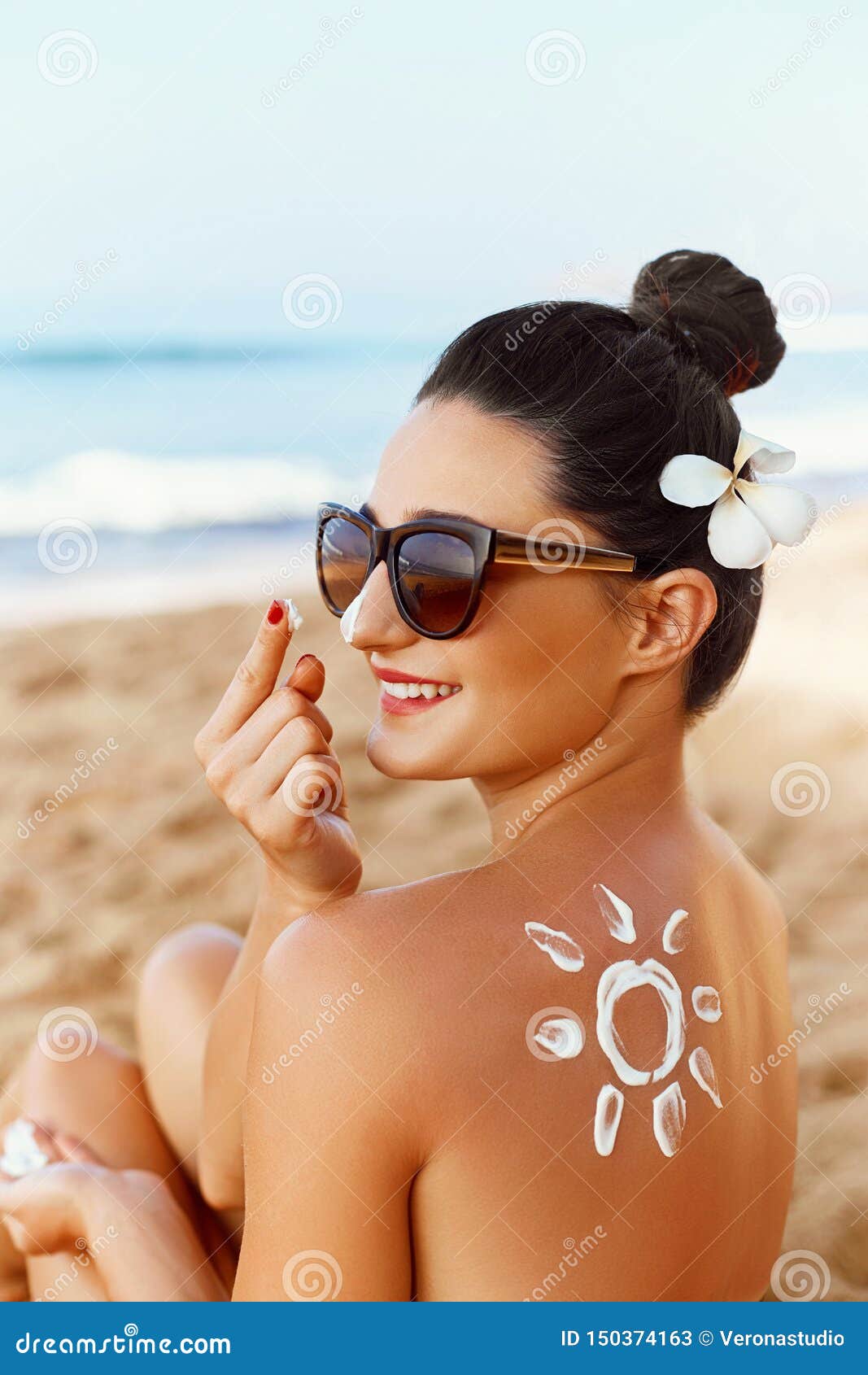 Woman Smile Applying Sun Cream On Face Skin Care Body Sun Protection