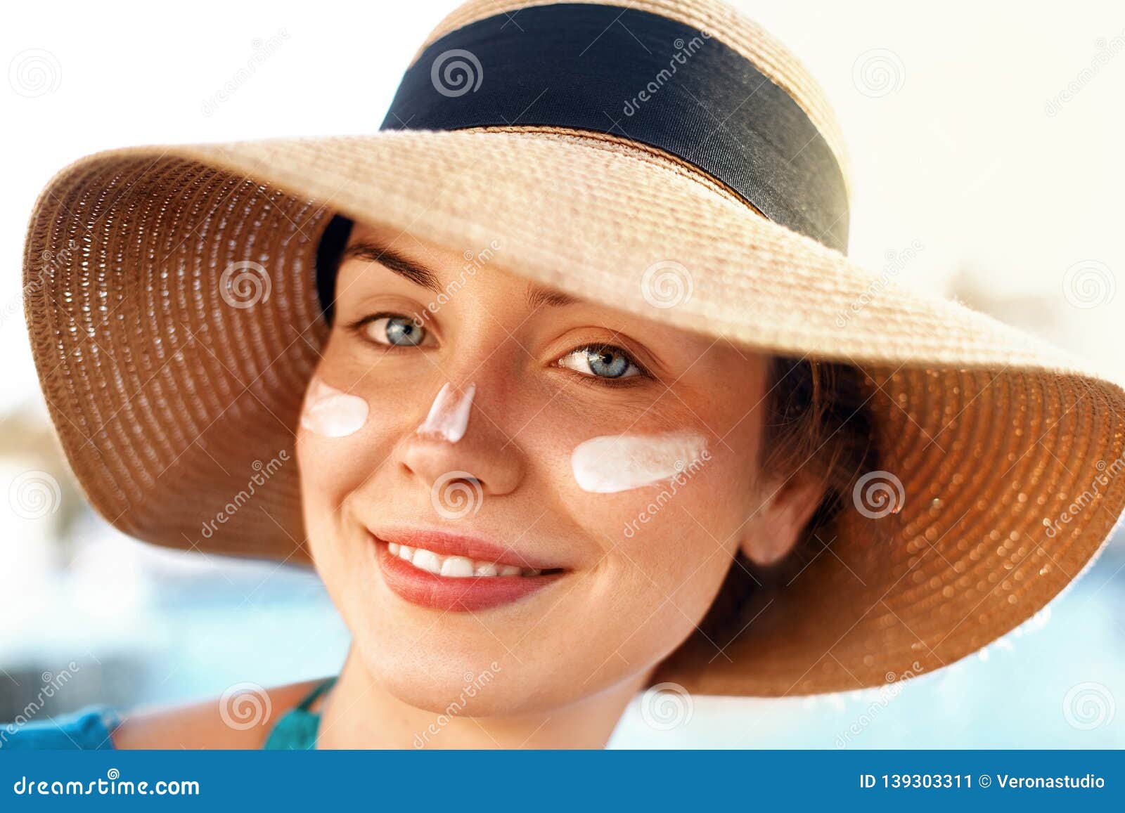 Woman Smile Applying Sun Cream On Face Skincare Body Sun Protection