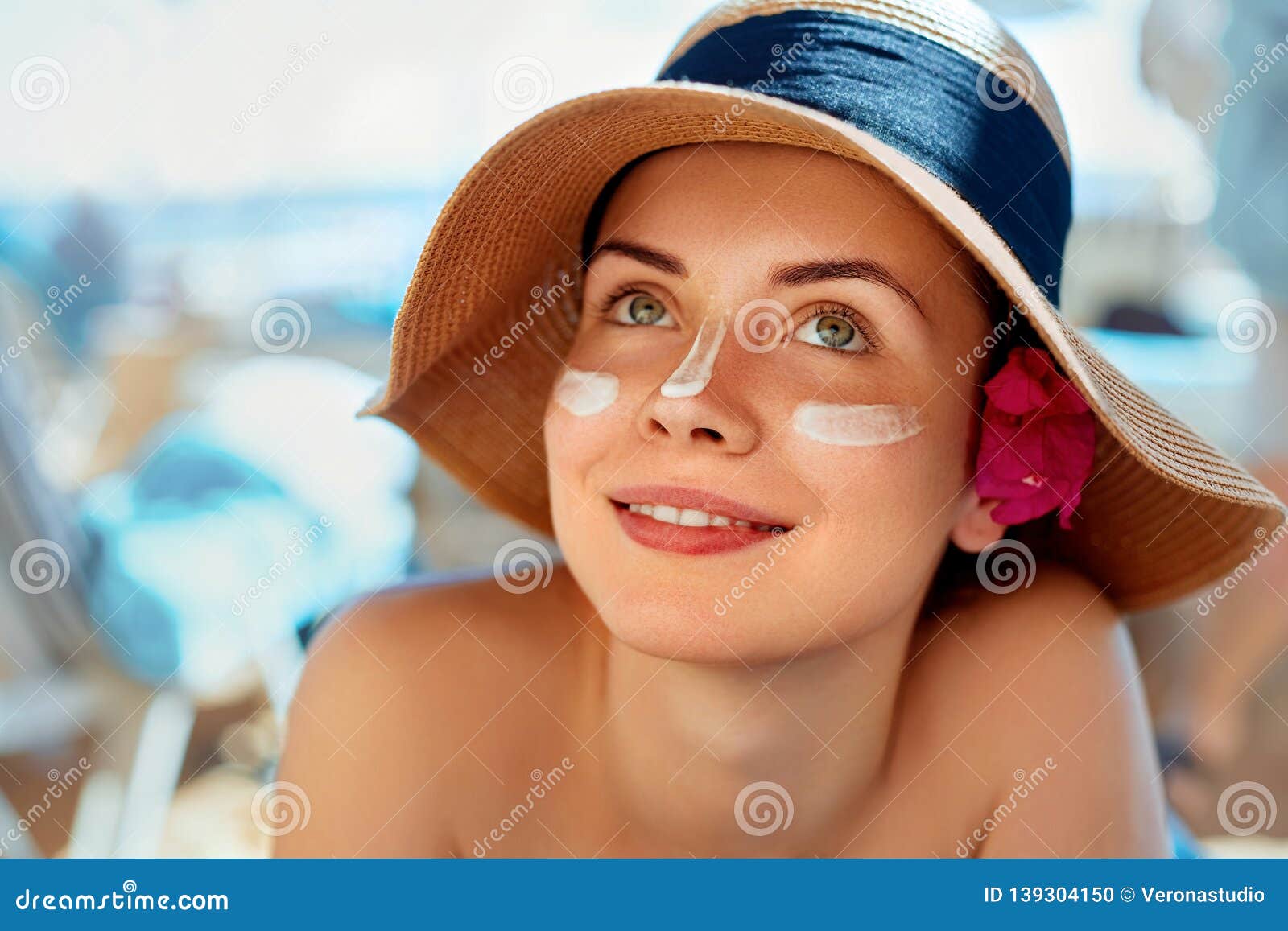 Woman Smile Applying Sun Cream On Face Skincare Body Sun Protection