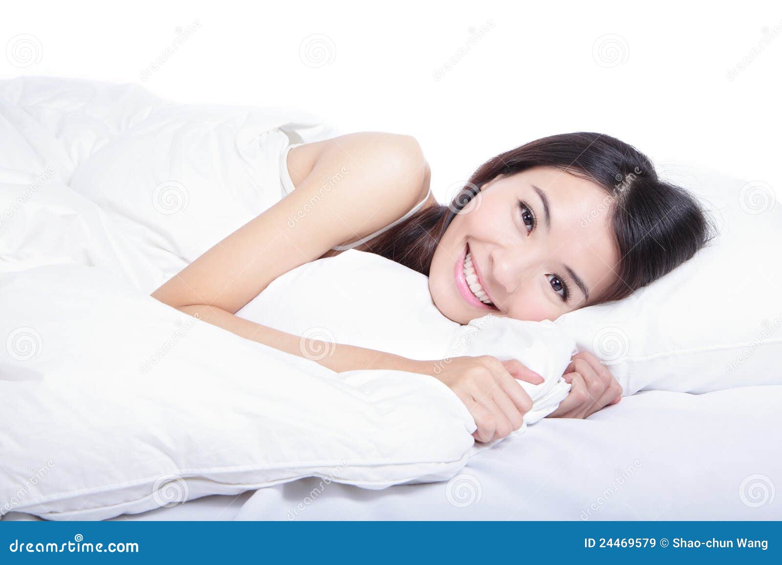 Woman Smile Face Close Up Lying on the Bed Stock Image - Image of face ...