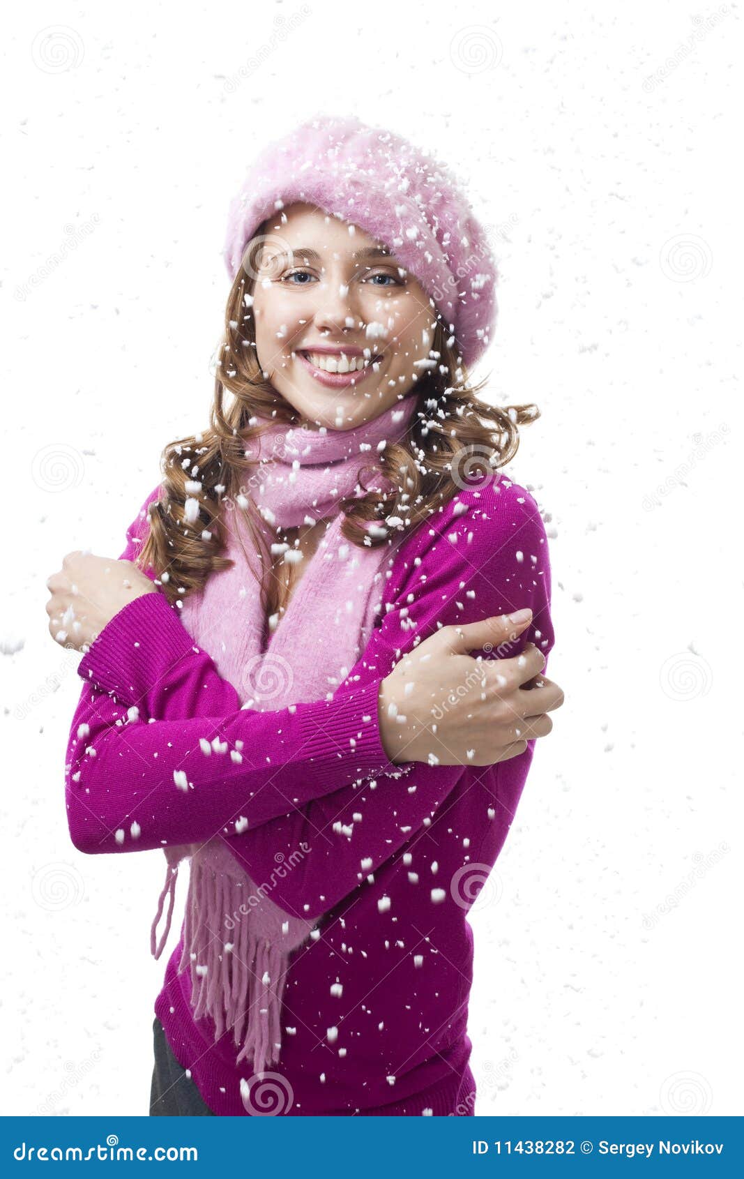 Woman Smile while Snowflakes Fall Stock Photo - Image of isolated, hand ...