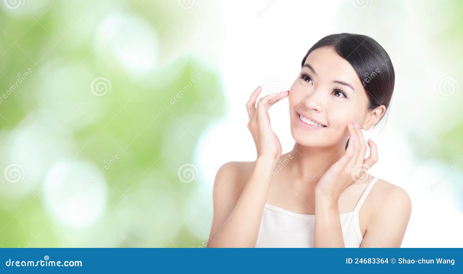 Woman Smile And Touch Face Look Up Forward Stock Photo - Image of fresh ...