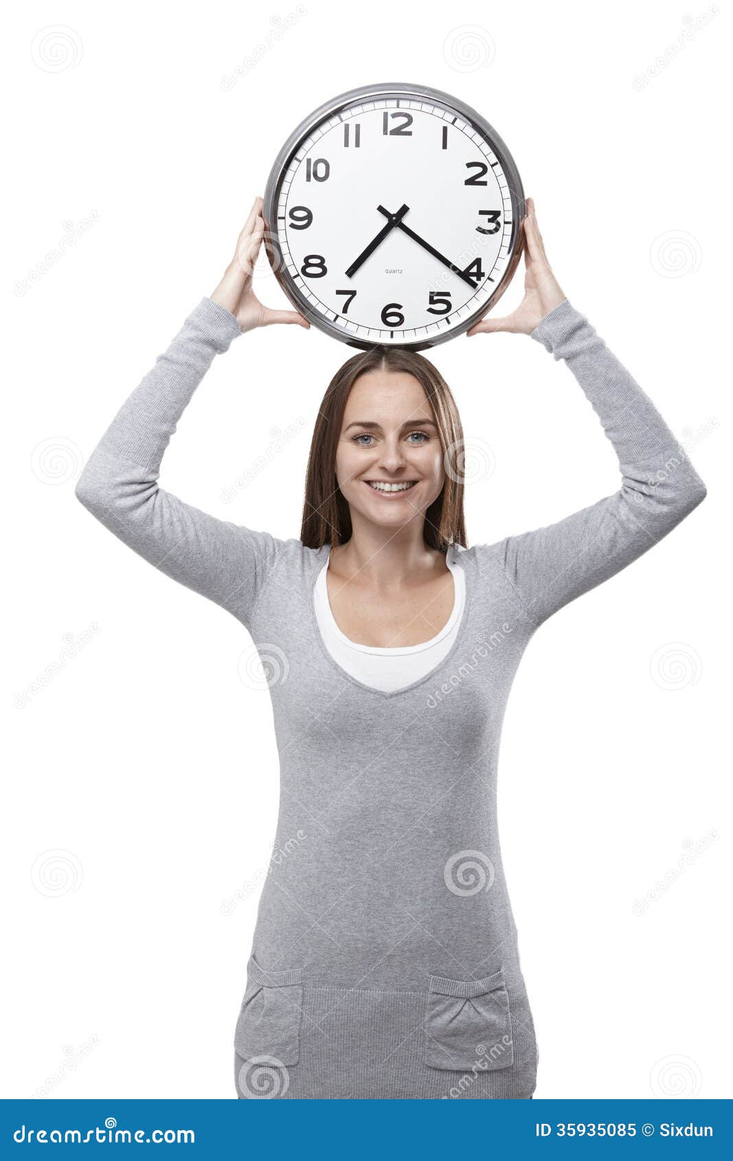 Woman Smiles with a Clock Above Her Head Stock Image - Image of people ...