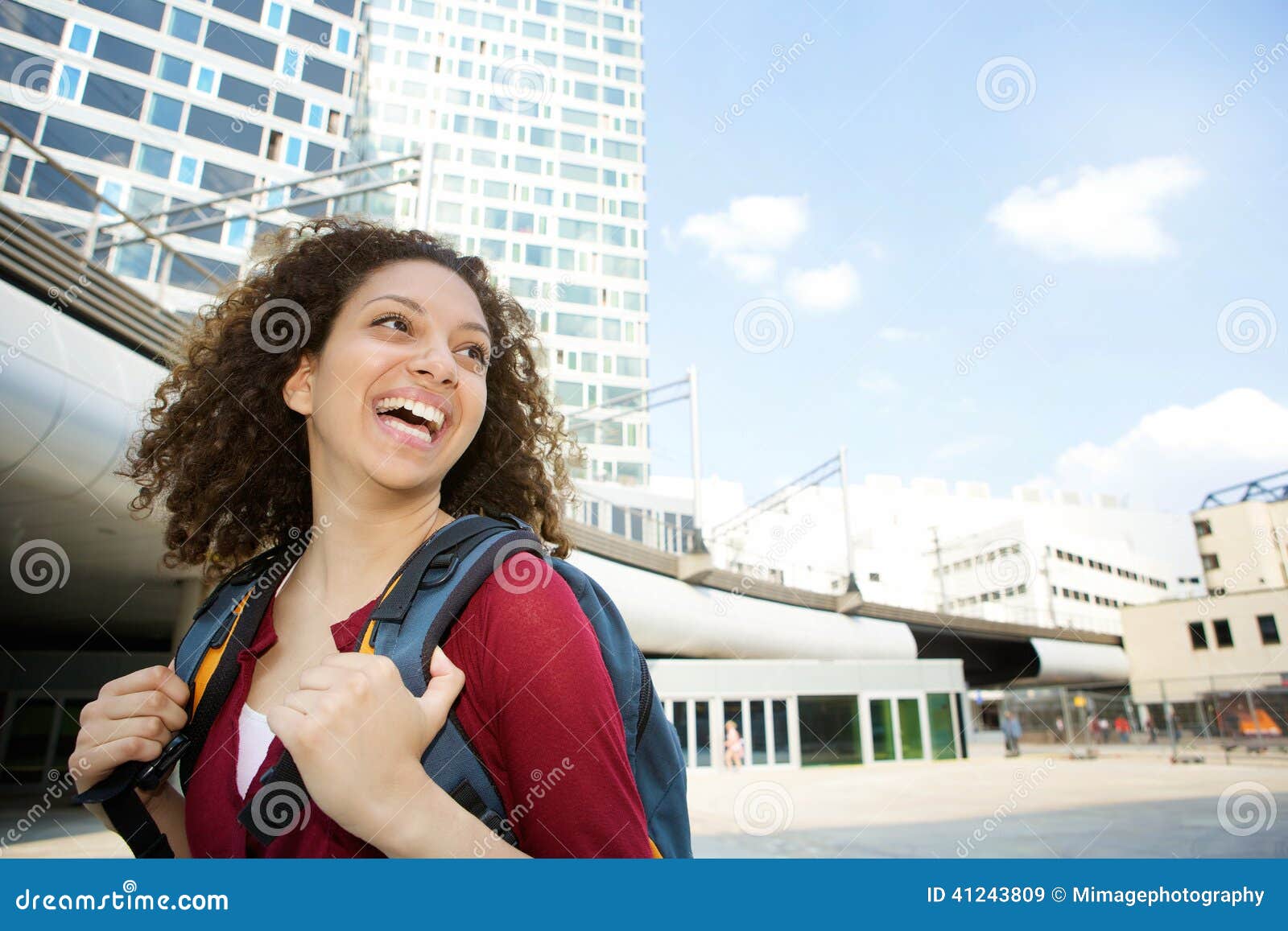 Woman Smiling with Backpack in the City Stock Image - Image of modern ...