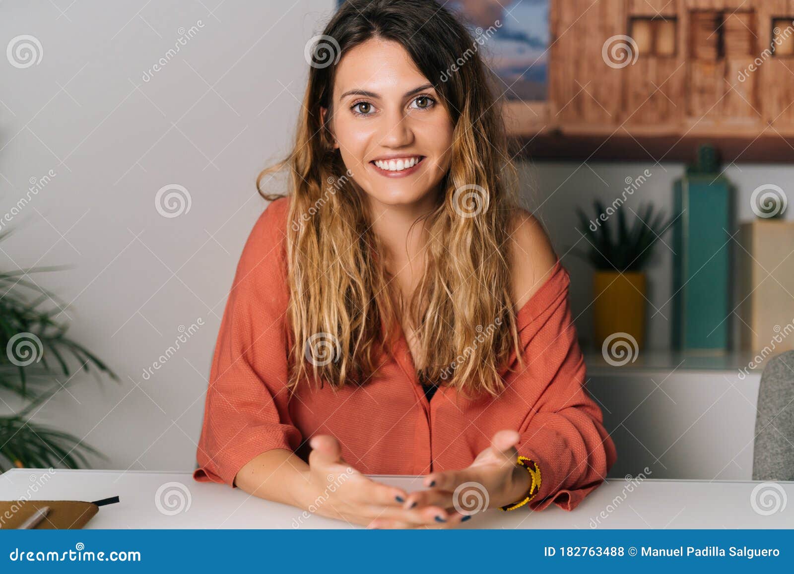 A Woman Smiling for the Camera Stock Photo - Image of indoor, computer ...