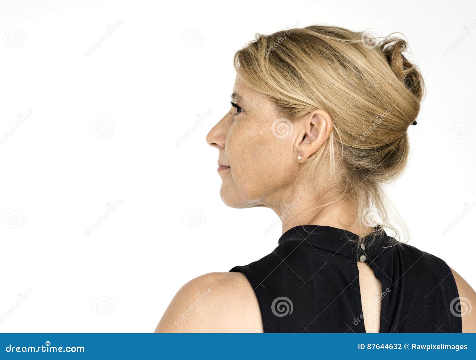 Woman Smiling Happiness Rear VIew Studio Portrait Stock Photo - Image ...