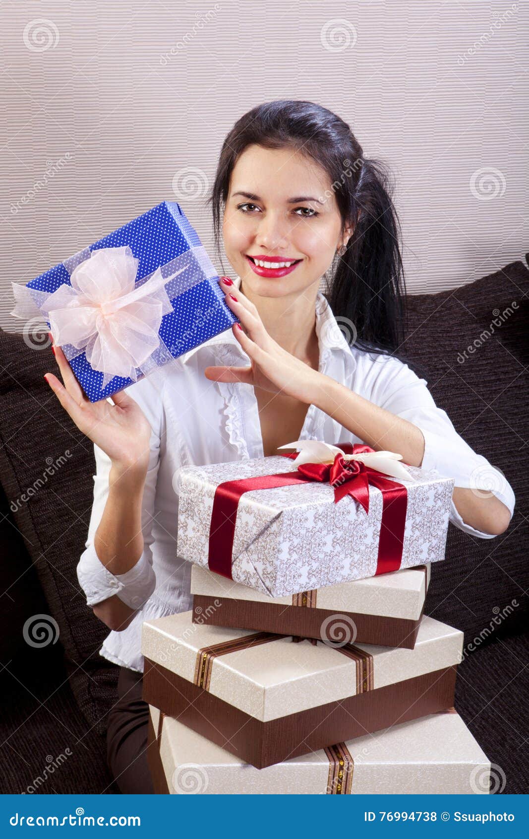 Woman Smiling and Holds Gift Box Stock Photo - Image of emotional ...