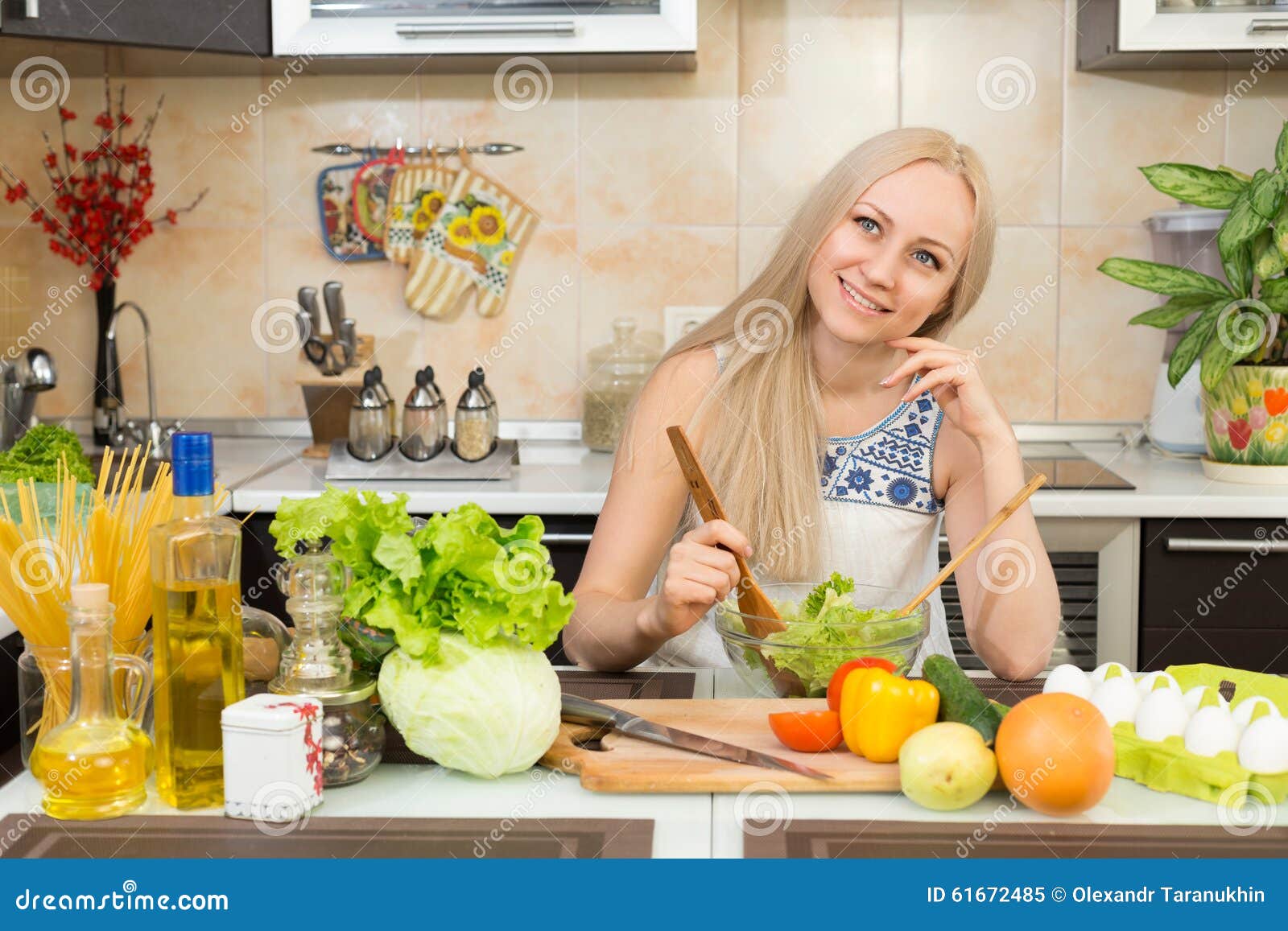 Woman Smiling at the Kitchen Table Stock Image - Image of lifestyle ...