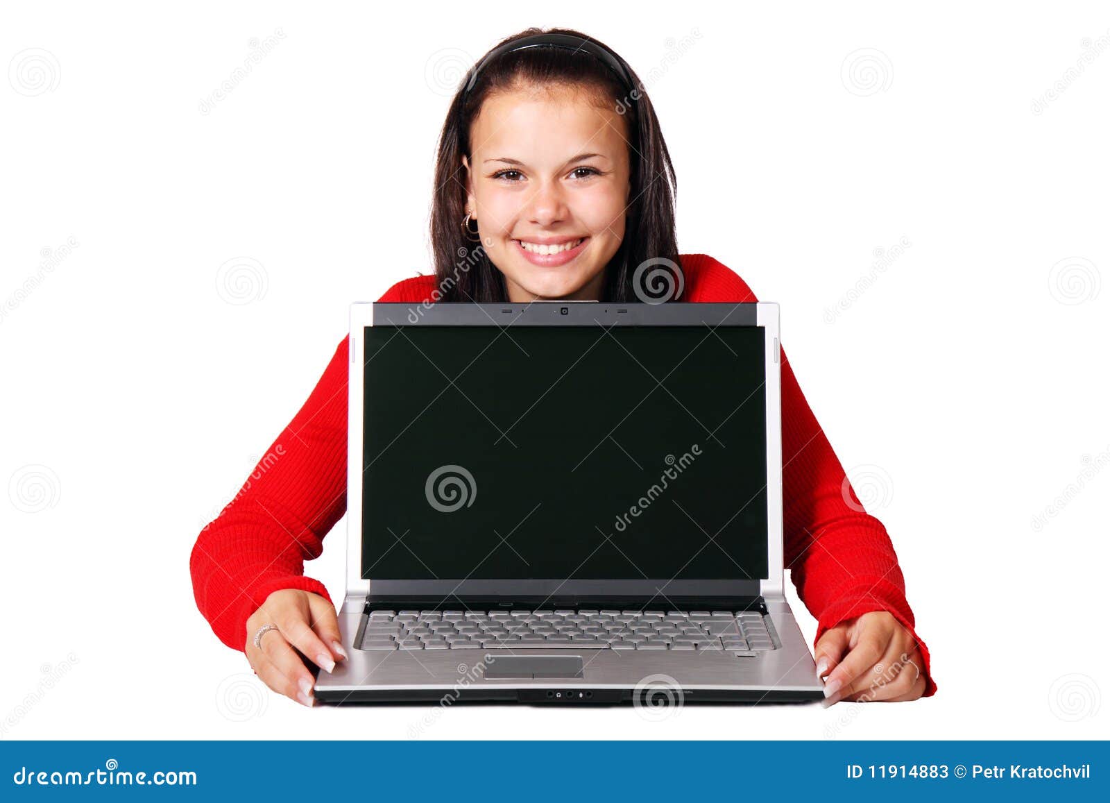 Woman Smiling with Laptop Isolated on White Stock Image - Image of ...