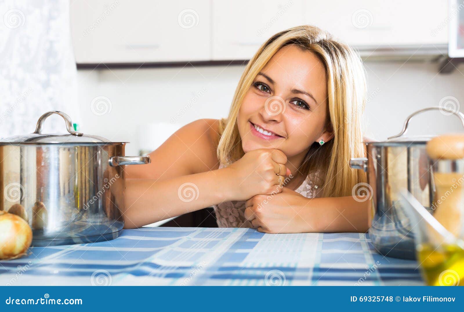 Woman Smiling at New Kitchen Stock Photo - Image of indoors, hair: 69325748