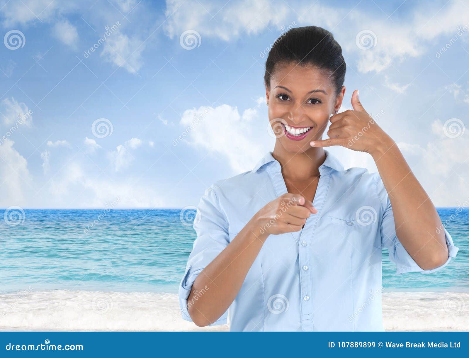 Woman Smiling and Pointing with Ring Me Sign Stock Image - Image of ...