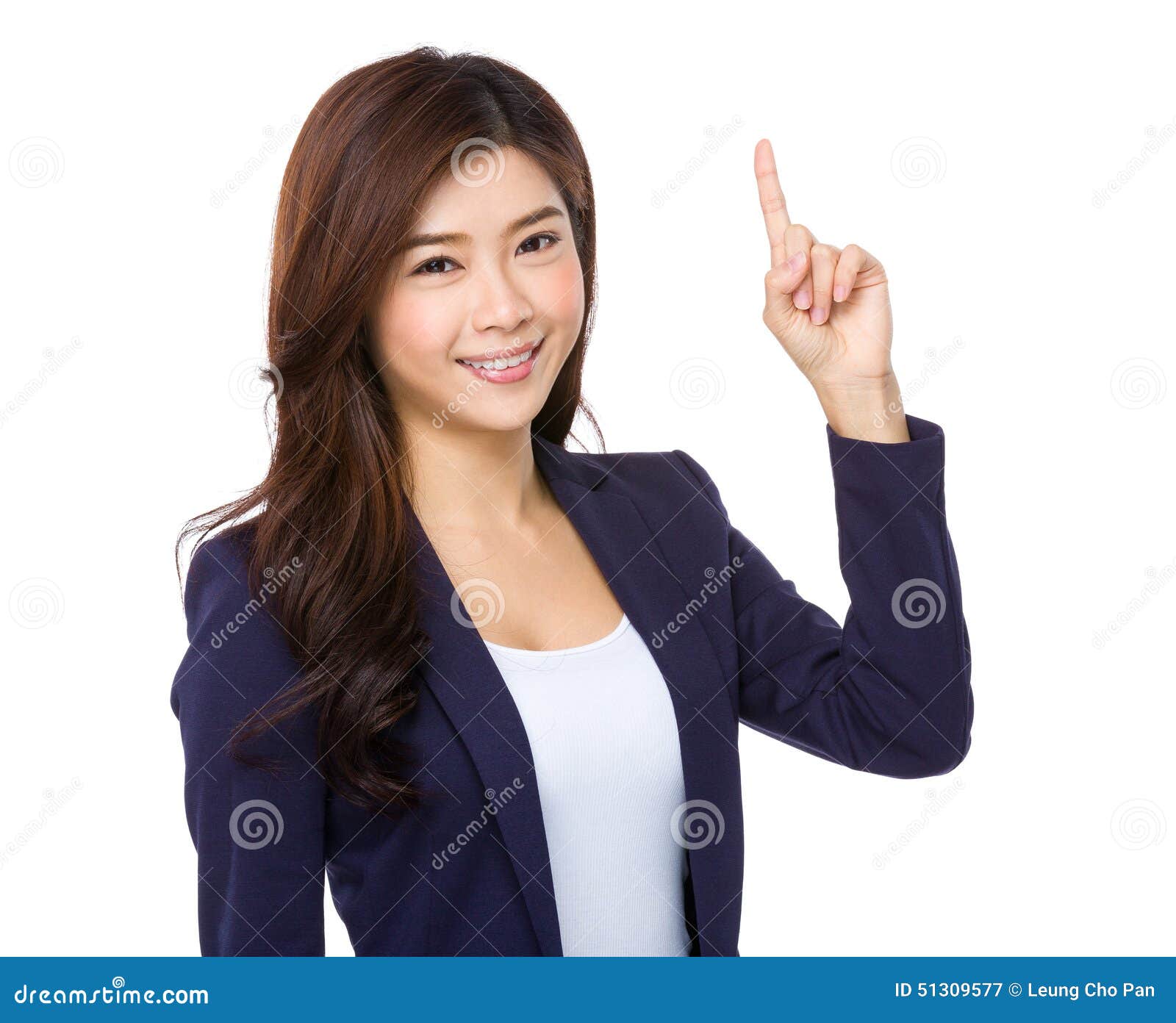 Woman Smiling Pointing Up Showing Copy Space Stock Image - Image of ...