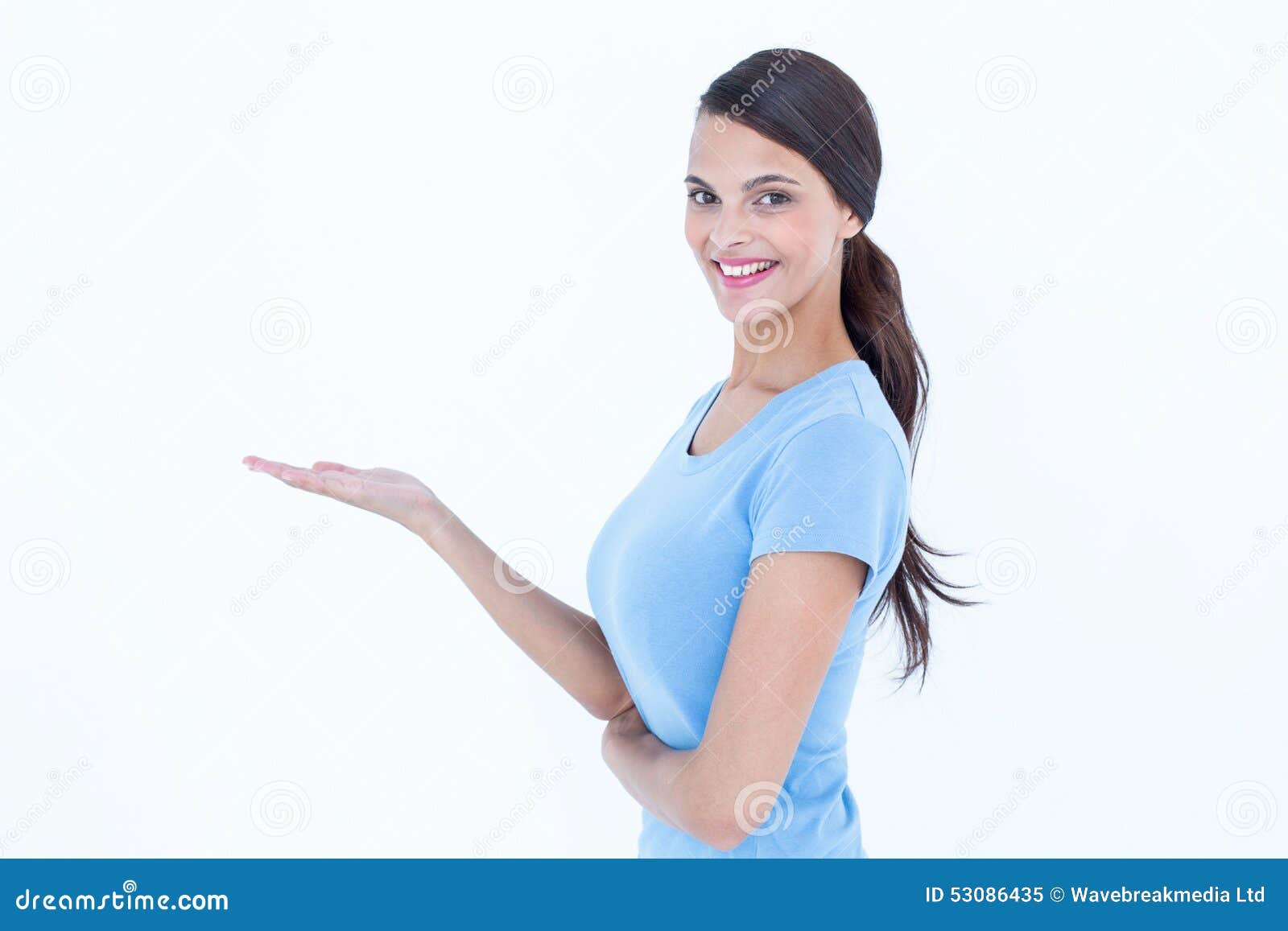 Woman Smiling Presenting Something with Her Hand Stock Image - Image of ...