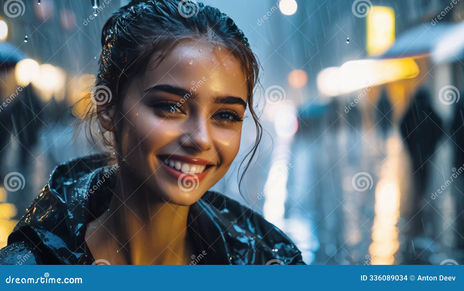 A Woman Smiling with Rain Drops on Her Face Stock Photo - Image of ...