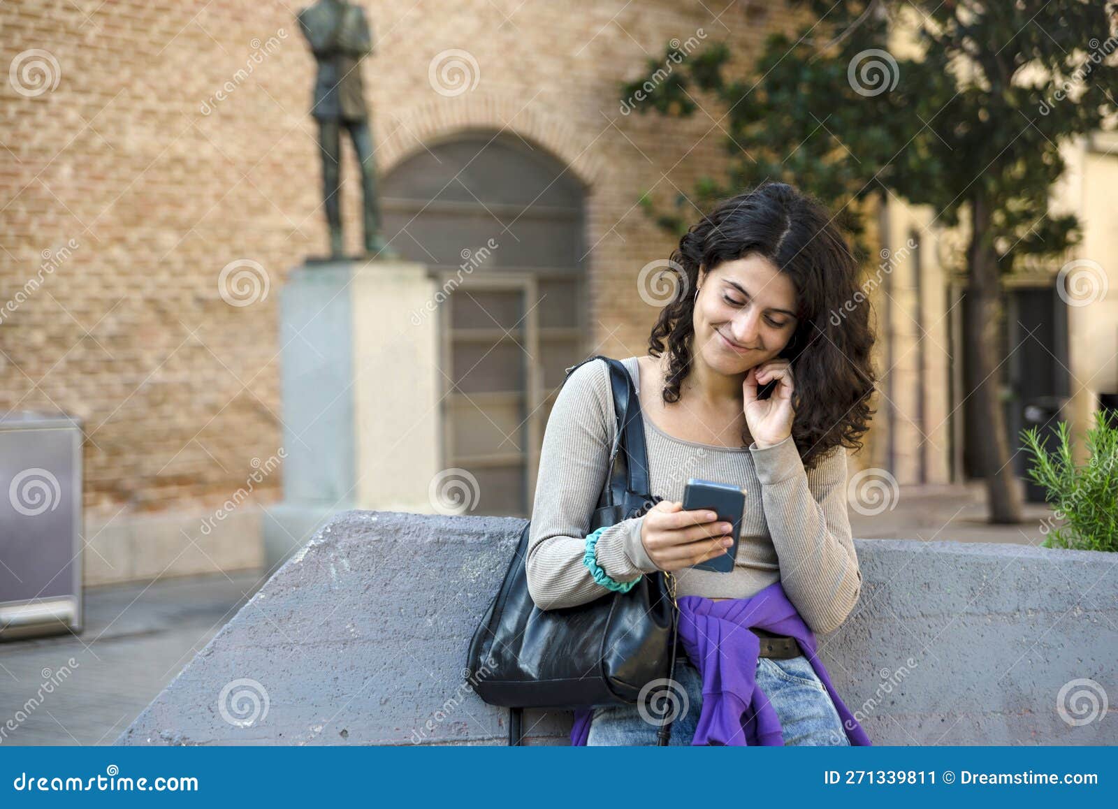 Woman Smiling while Talking on the Phone Outdoors. Stock Image - Image ...