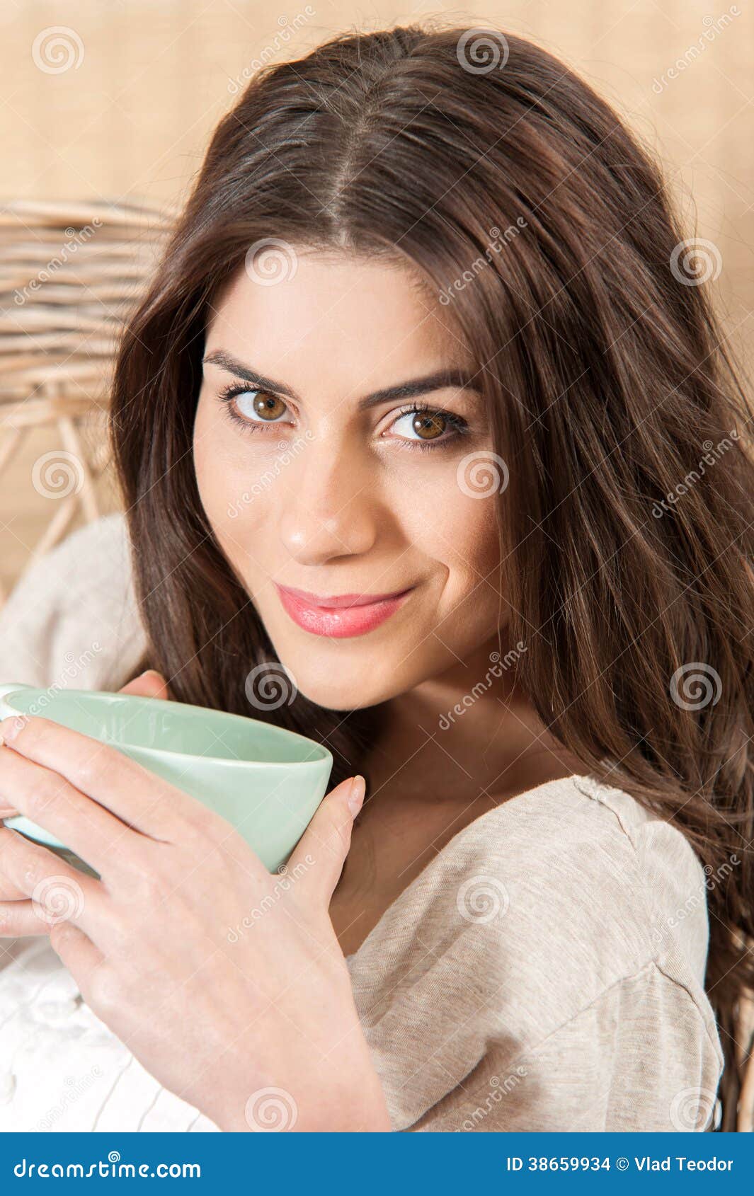 Woman Smiling and Tea Mug stock photo. Image of bistro - 38659934