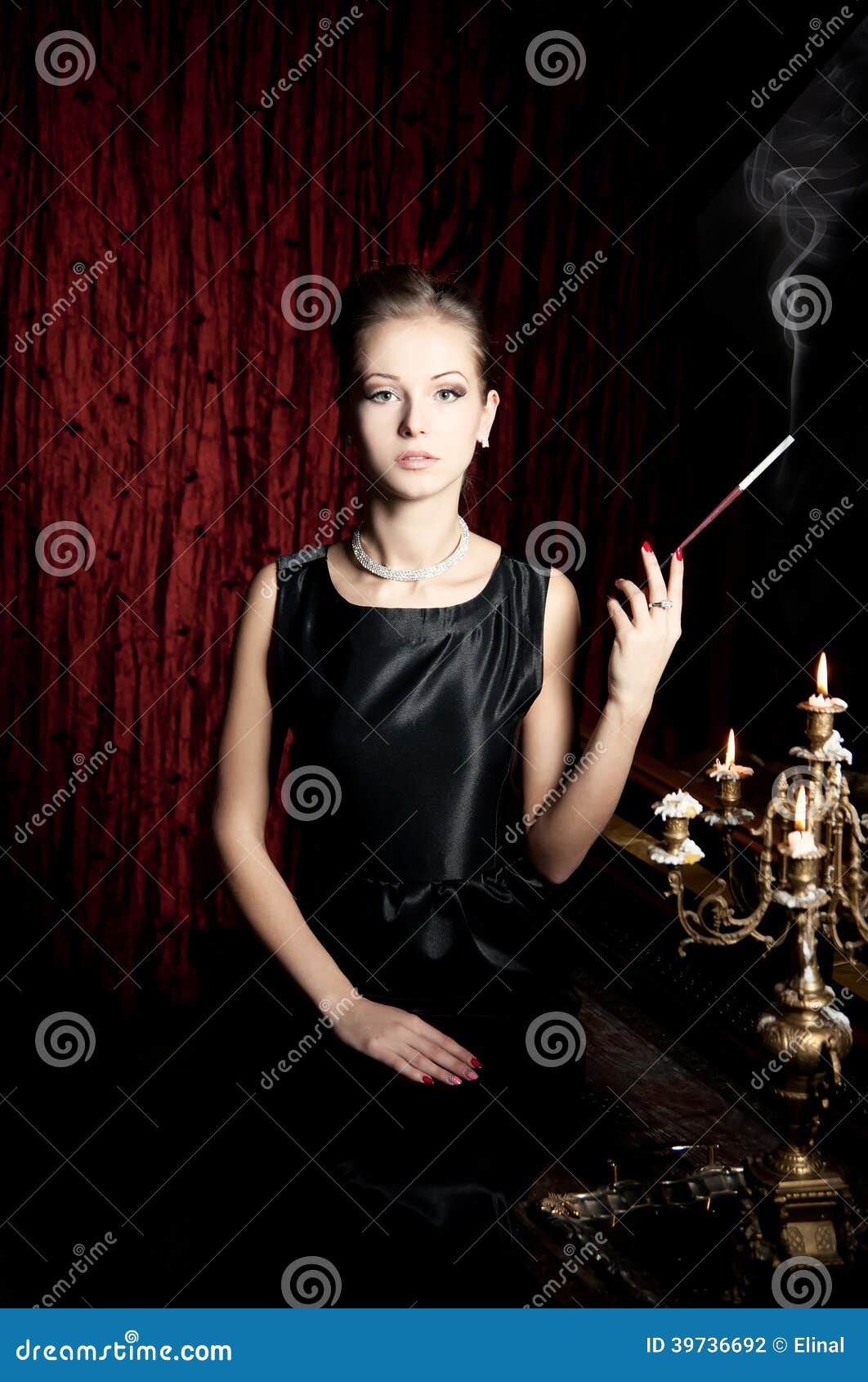 Woman, Smoke with Cigarette Holder, Retro Style Stock Photo - Image of ...