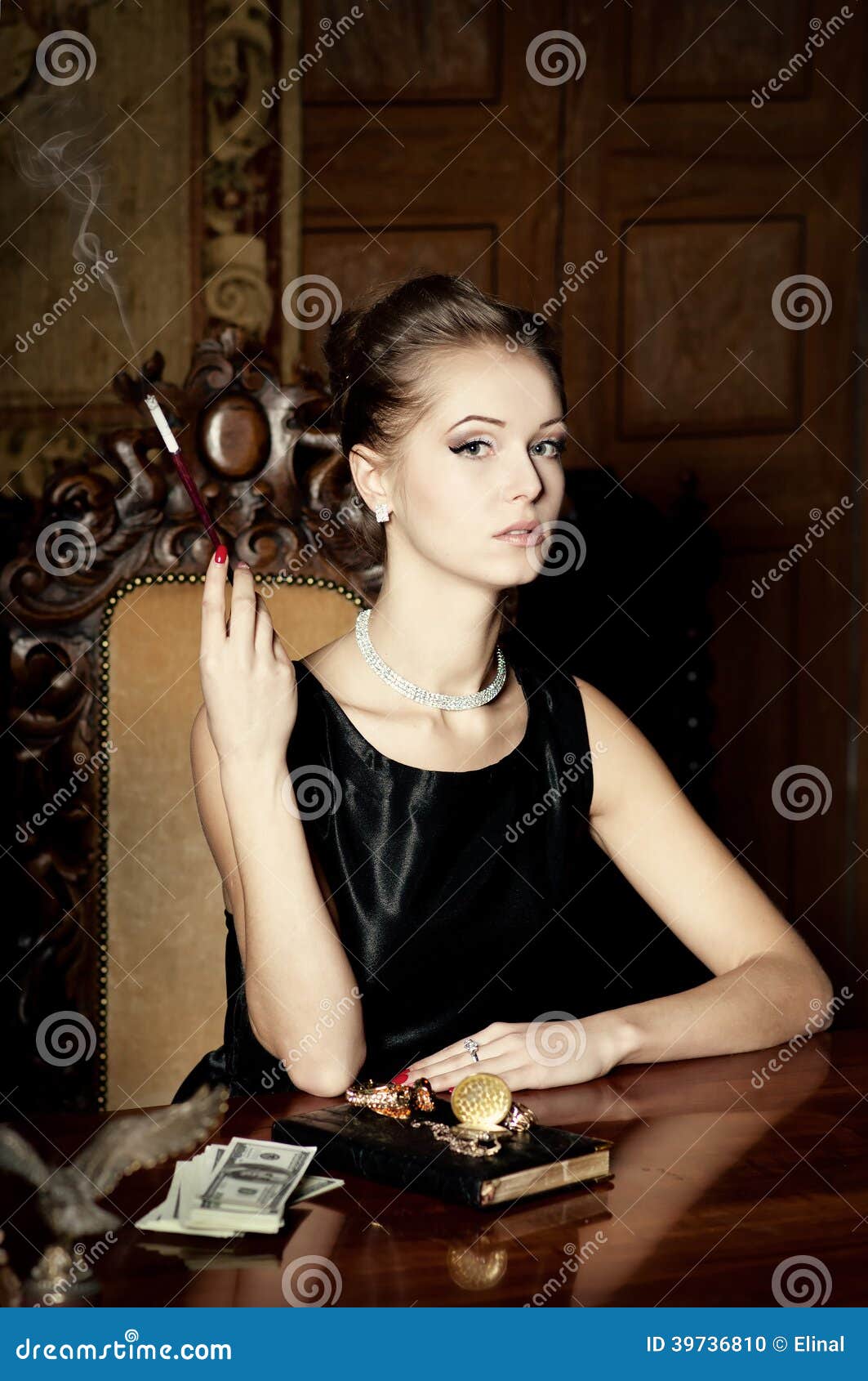 Woman, Smoke with Cigarette Holder, Retro Style Stock Photo - Image of ...