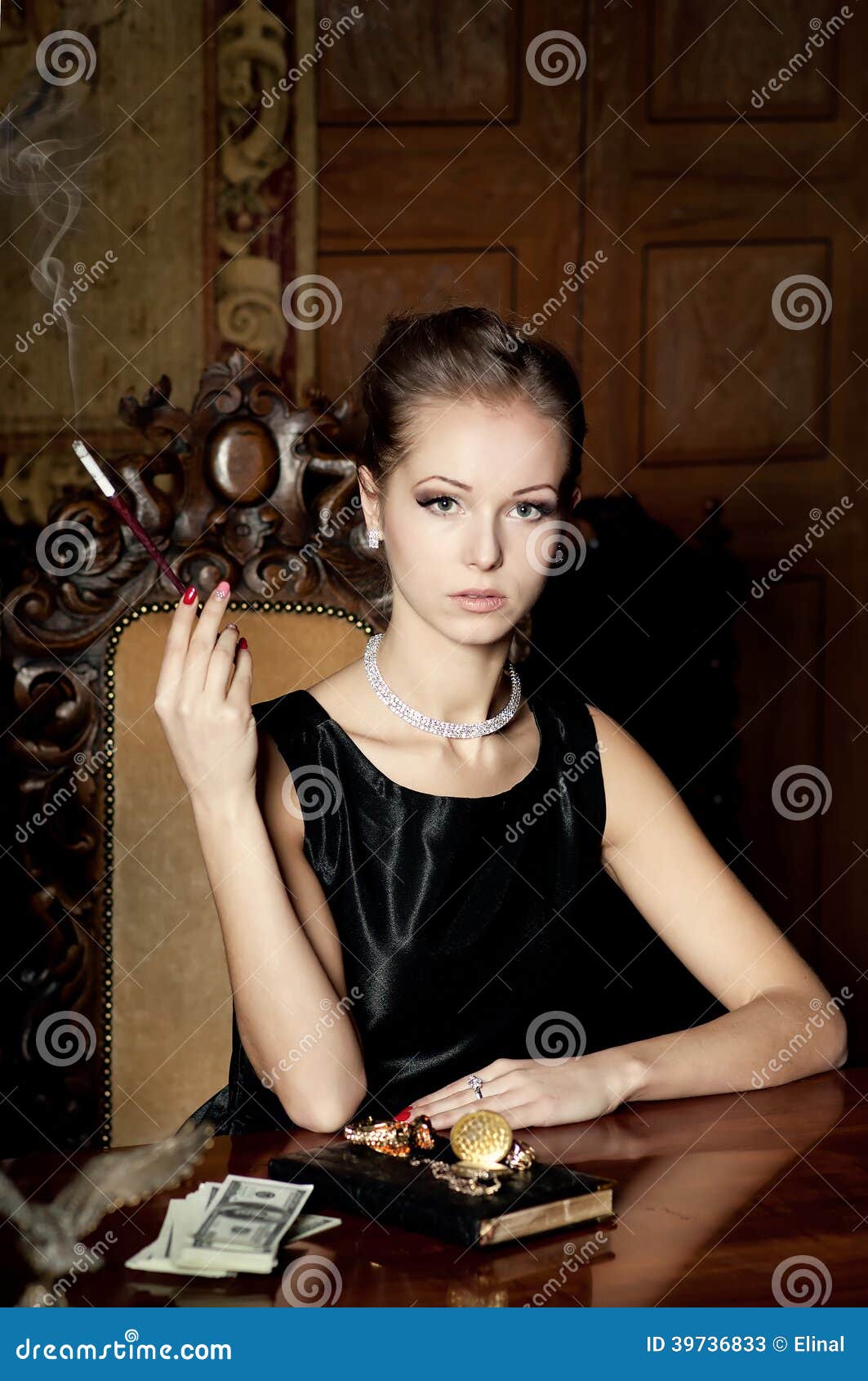 Woman, Smoke with Cigarette Holder, Retro Style Stock Image - Image of ...