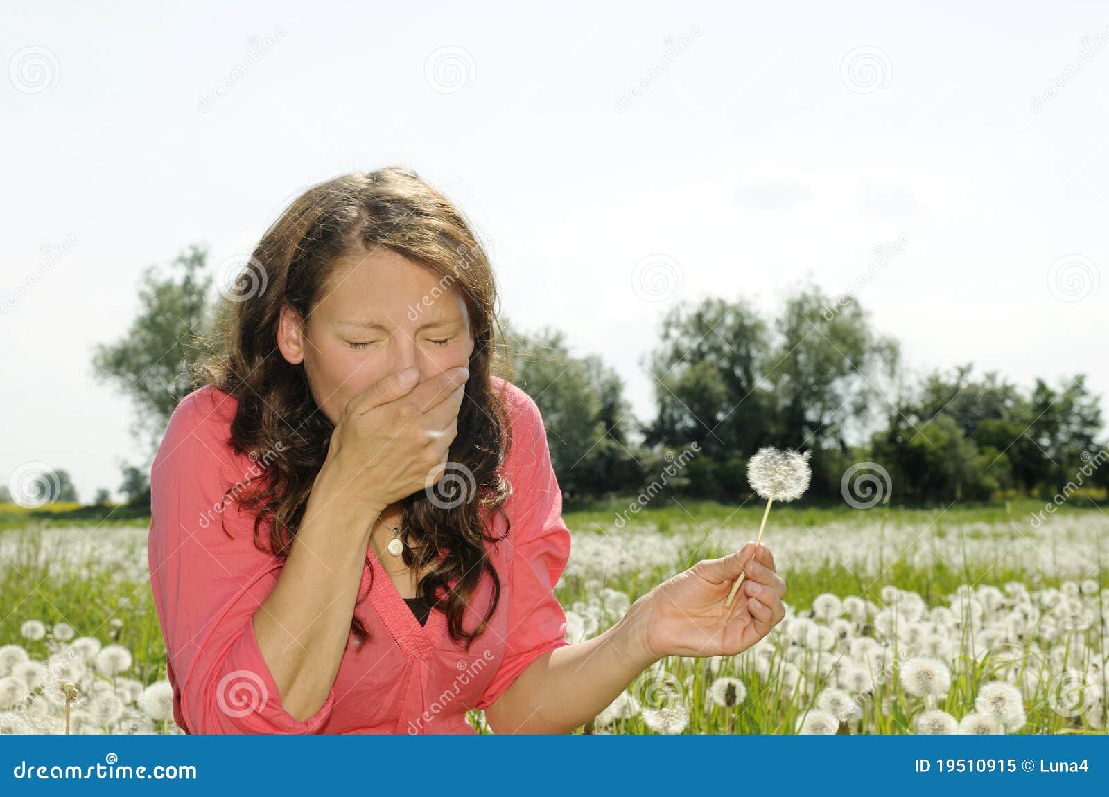 Woman Sneezes on a Flower Meadow Stock Image - Image of unwell, outdoor ...
