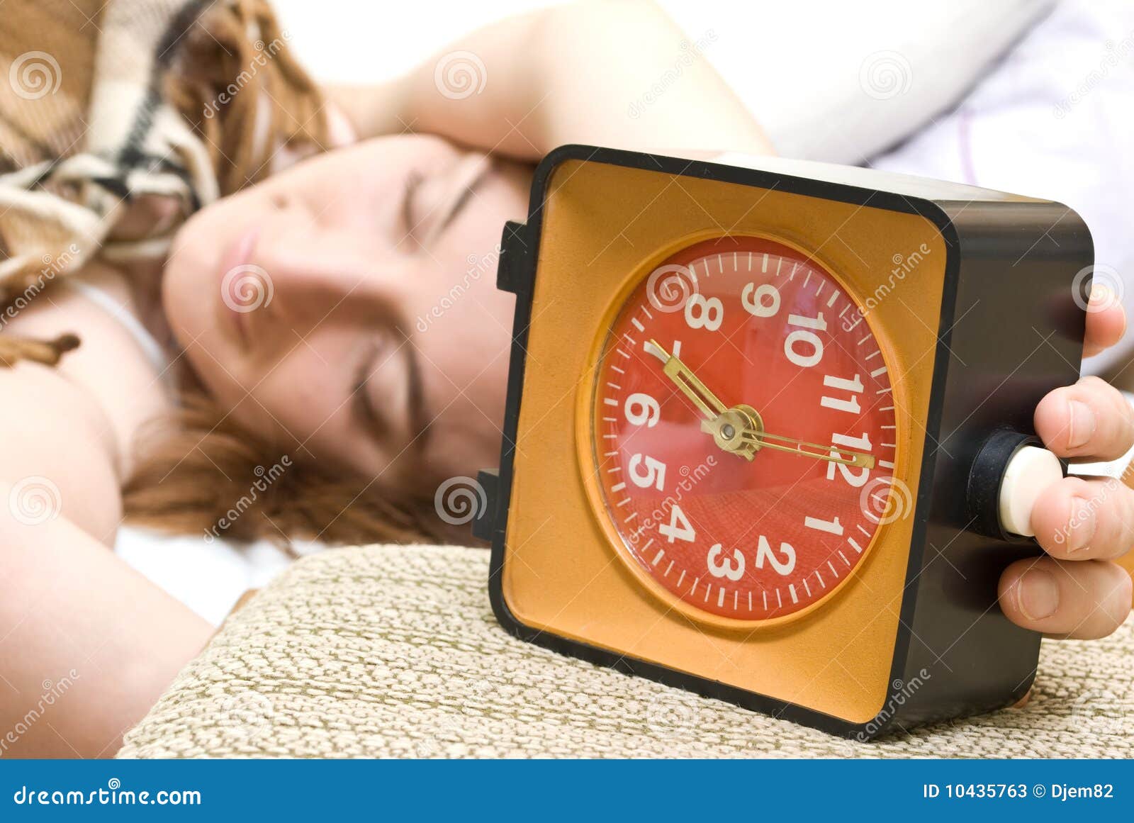 Woman Snoozing a Red Alarm Clock Stock Image - Image of hand, snooze ...