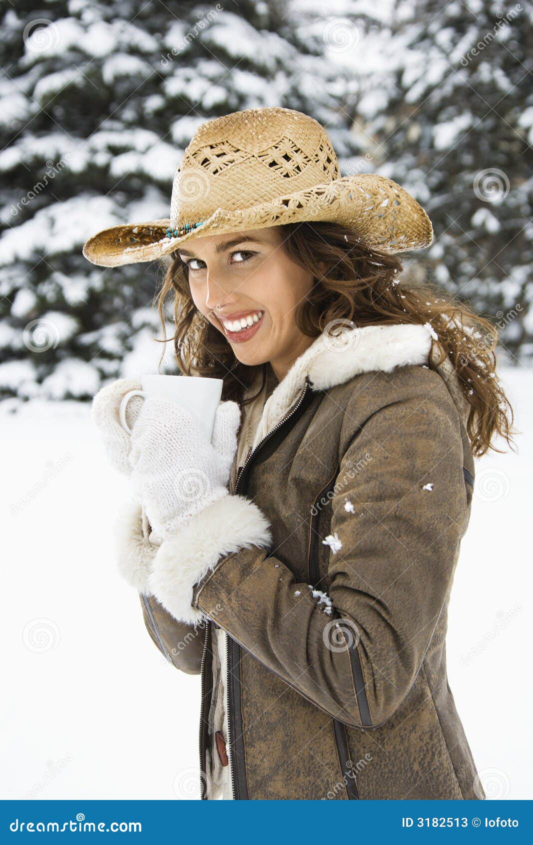 Woman in Snow Holding Coffee. Stock Image - Image of headgear ...