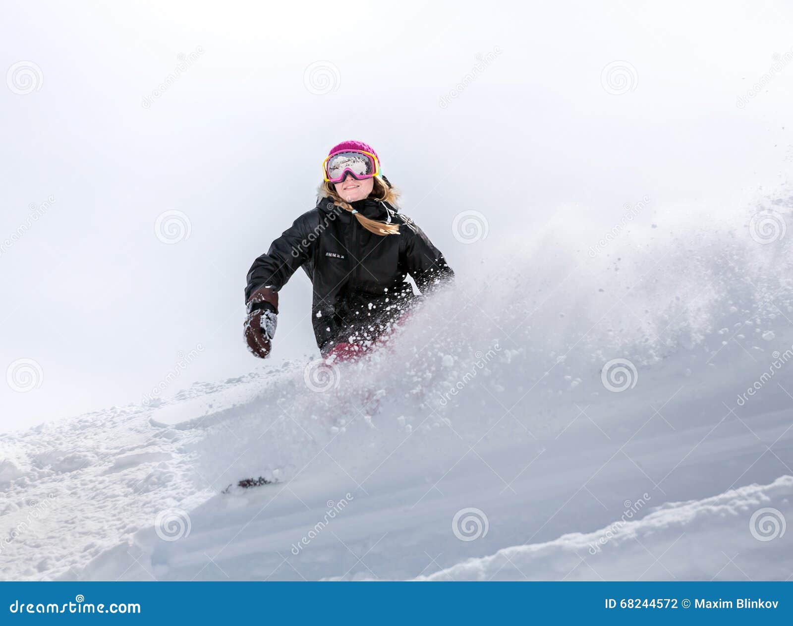 Woman Snowboarder in Motion in Mountains Stock Photo - Image of ...