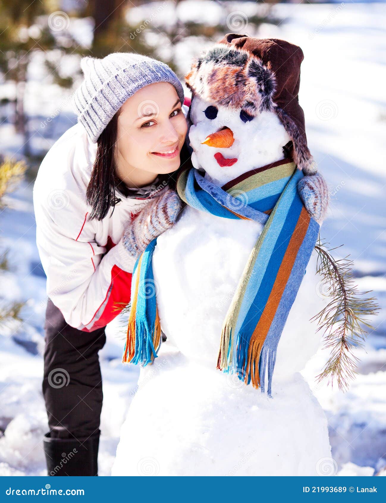 Woman with a snowman stock image. Image of mittens, snowdrift - 21993689